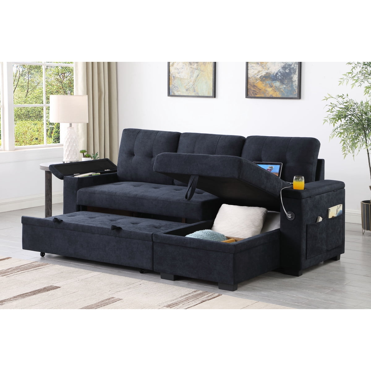 Miekor Furniture Ashlyn II 84"W Dark Gray Woven Fabric Reversible ...