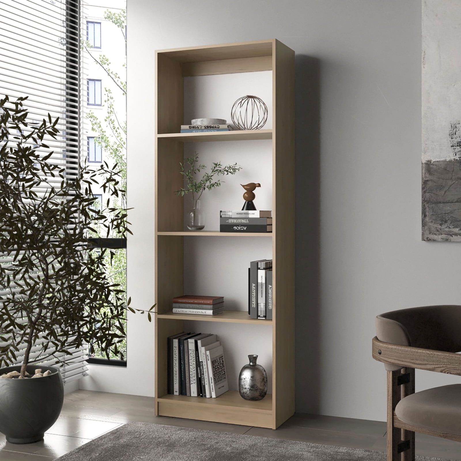 Miekor Furniture Bear Flat Bookcase with Open Storage and 4 Shelves ,Natural Oak and White 95418 ...