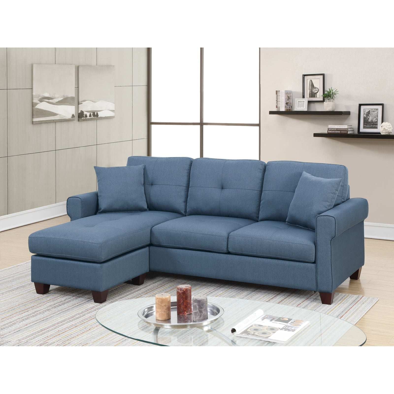 Miekor Furniture Blue Color Glossy Polyfiber Tufted Cushion Couch ...