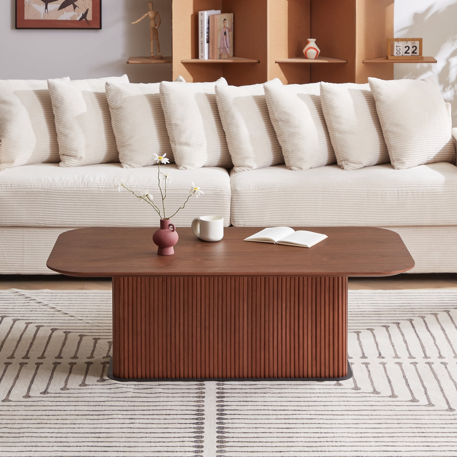 Miekor Furniture Coffee Table Walnut Wood Surface and Black Metel Feet ...