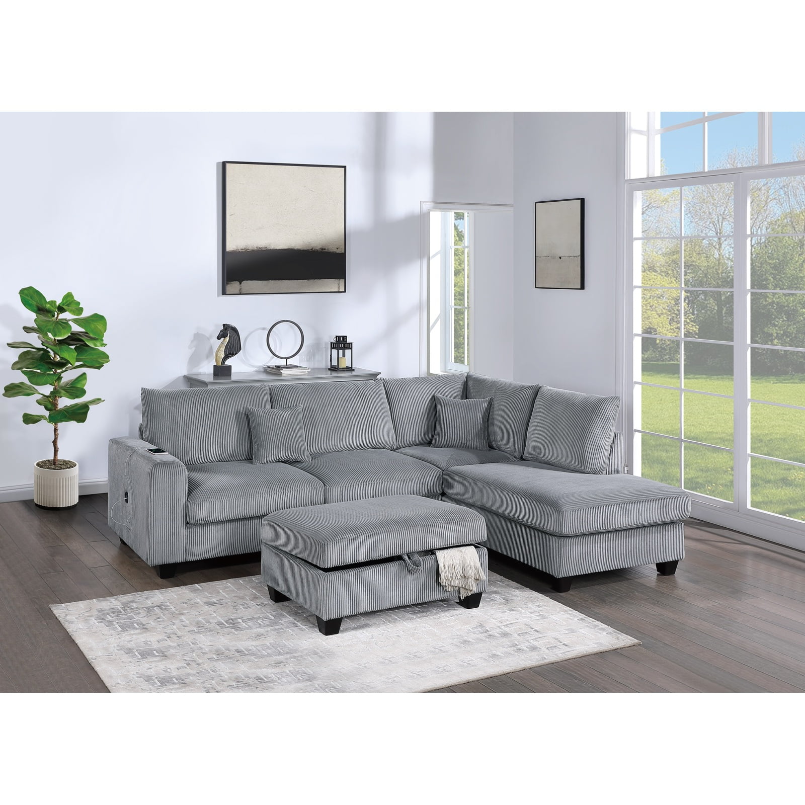 Miekor Furniture Contemporary 3pc Sectional Set Fog Color Corduroy Couch LAF Sofa RAF Chaise ...