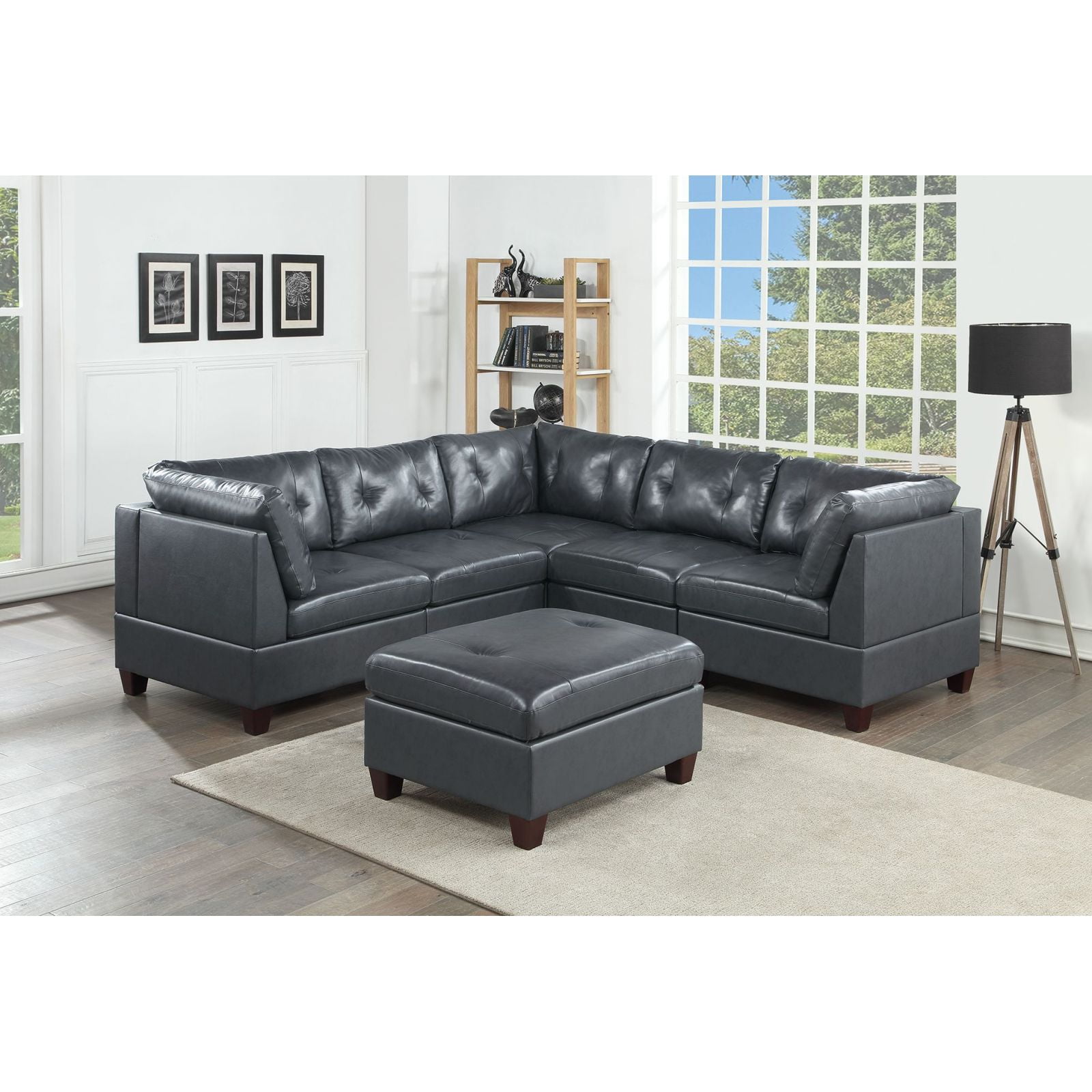 Miekor Furniture Contemporary Genuine Leather Black Tufted 6pc Modular ...
