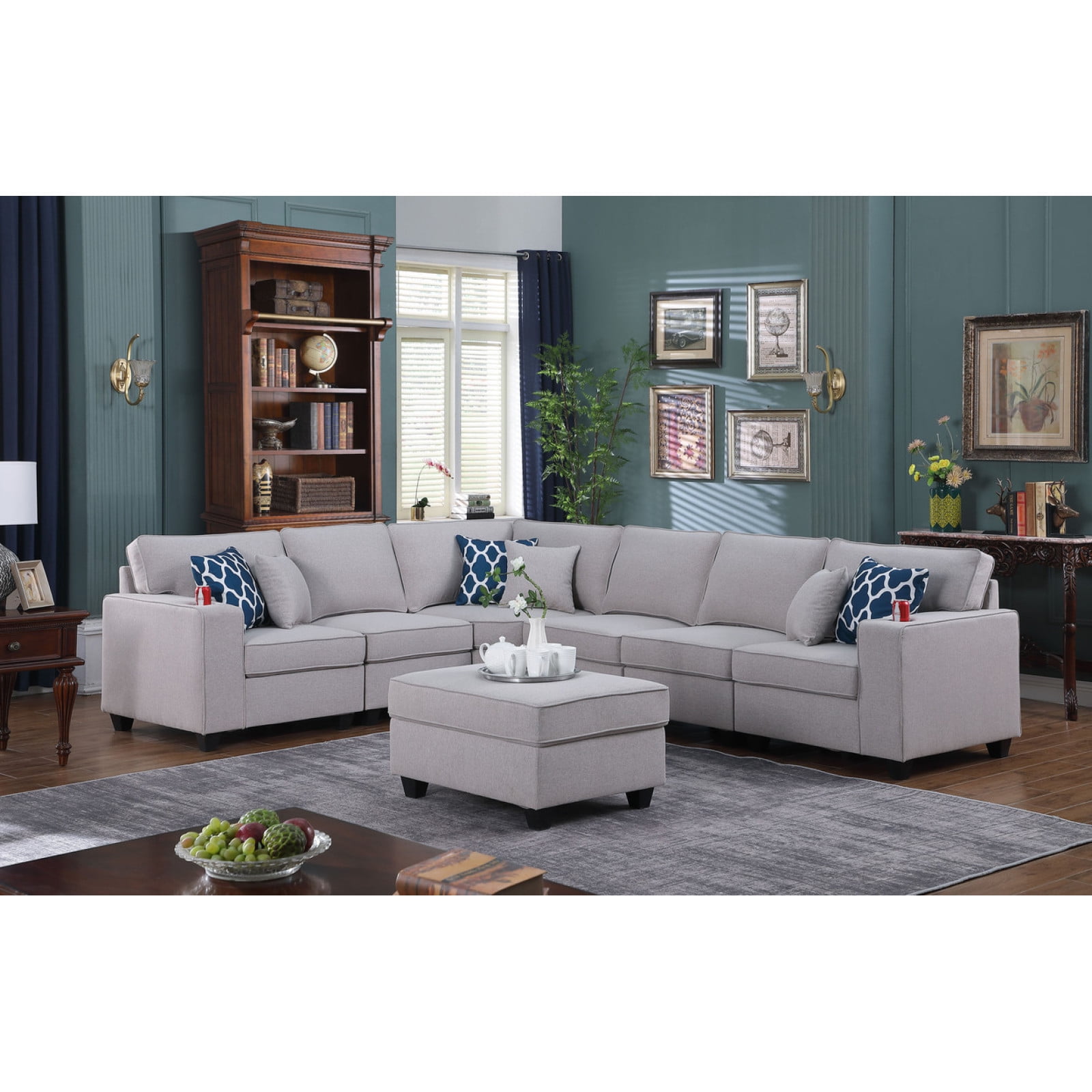 Miekor Furniture Cooper 125" Light Gray Linen 7Pc Reversible L-Shape Sectional Sofa with Ottoman ...