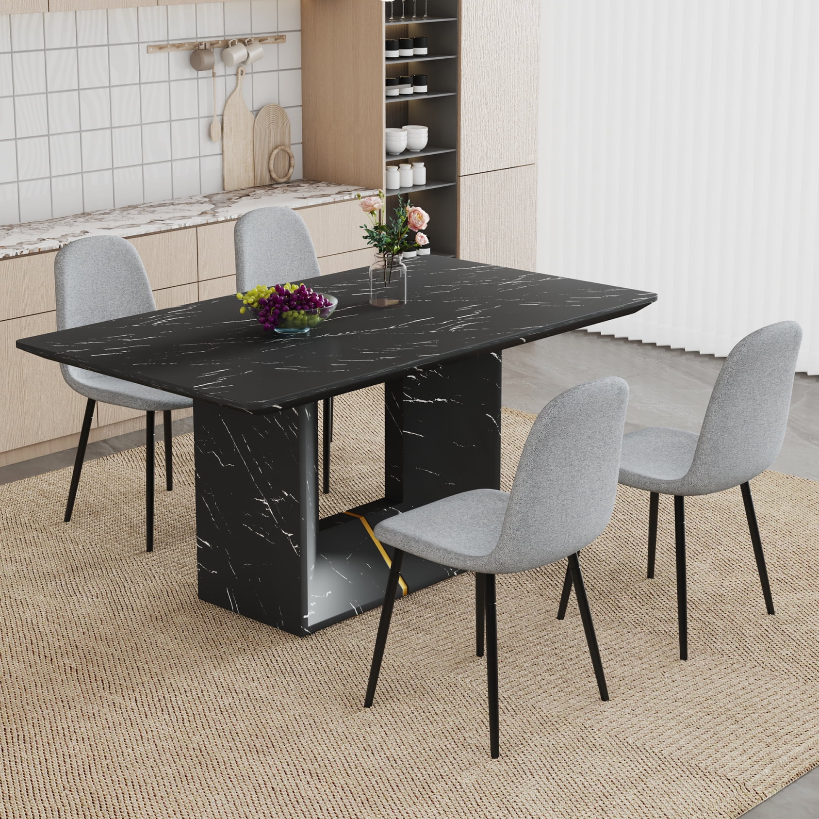 Miekor Furniture Dining Table and chairs set. Black Marble Pattern MDF ...