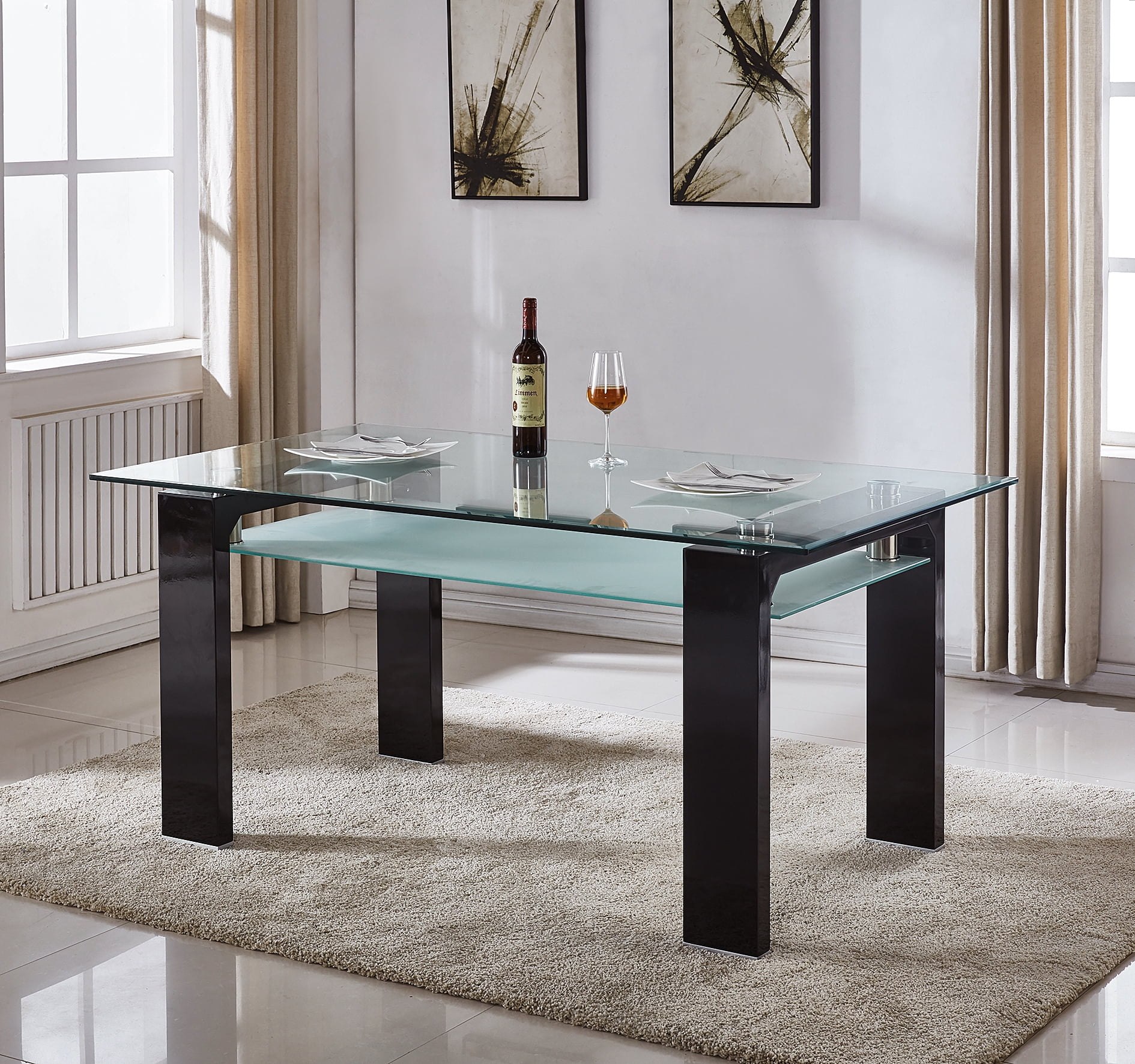 Miekor Furniture Double-Layer Tempered Glass Rectangular Dining Table ...