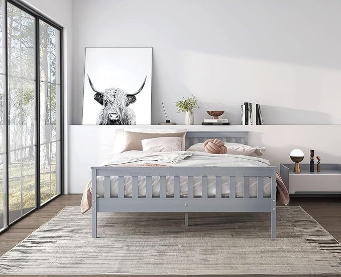 Miekor Furniture Full Bed Frames with Headboard, Solid Wooden Platform ...
