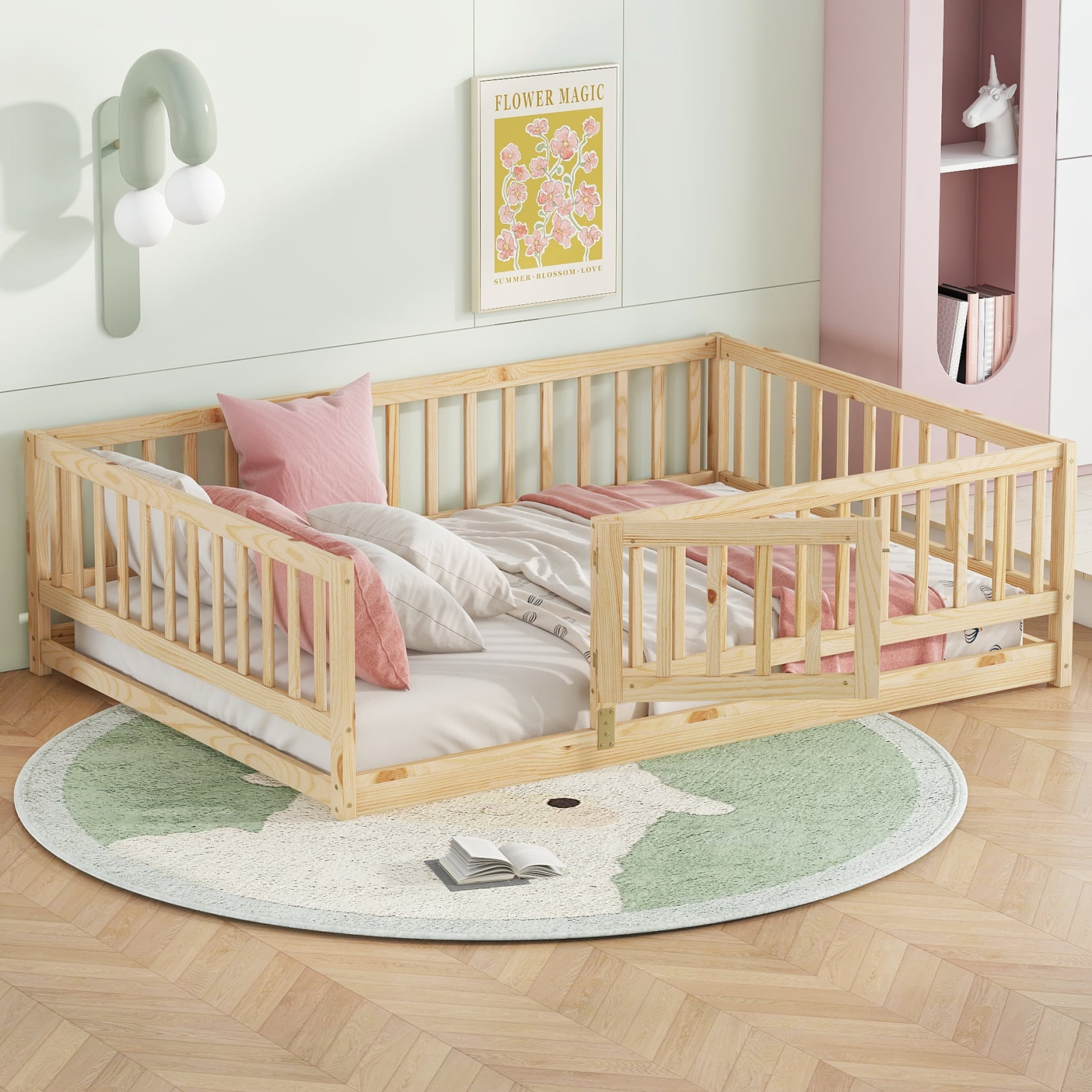 Miekor Furniture Full Size Floor Bed, Montessori Floor Bed with Fence ...