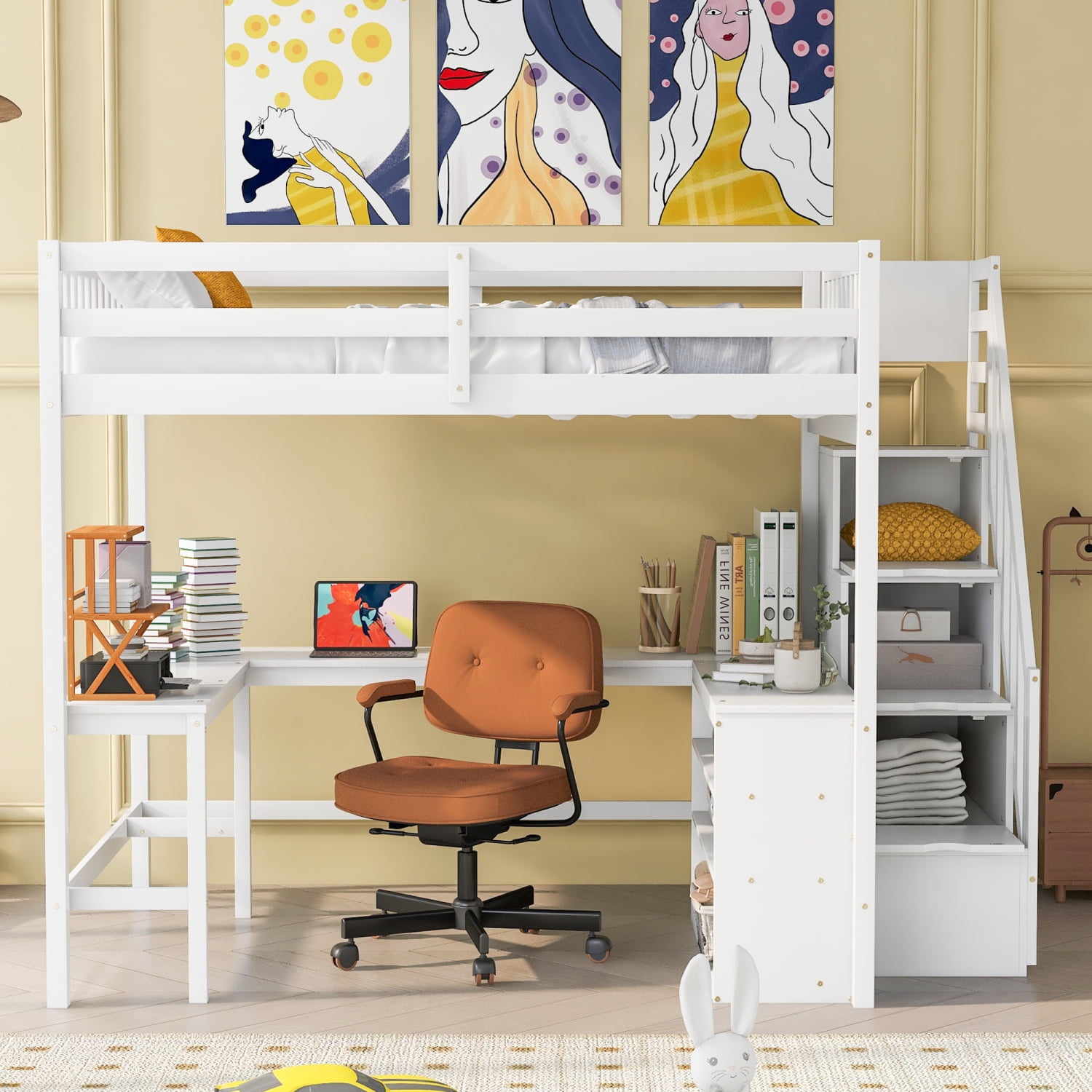 Miekor Furniture Full Size Loft Bed with Built-in L-Shaped Desk and ...