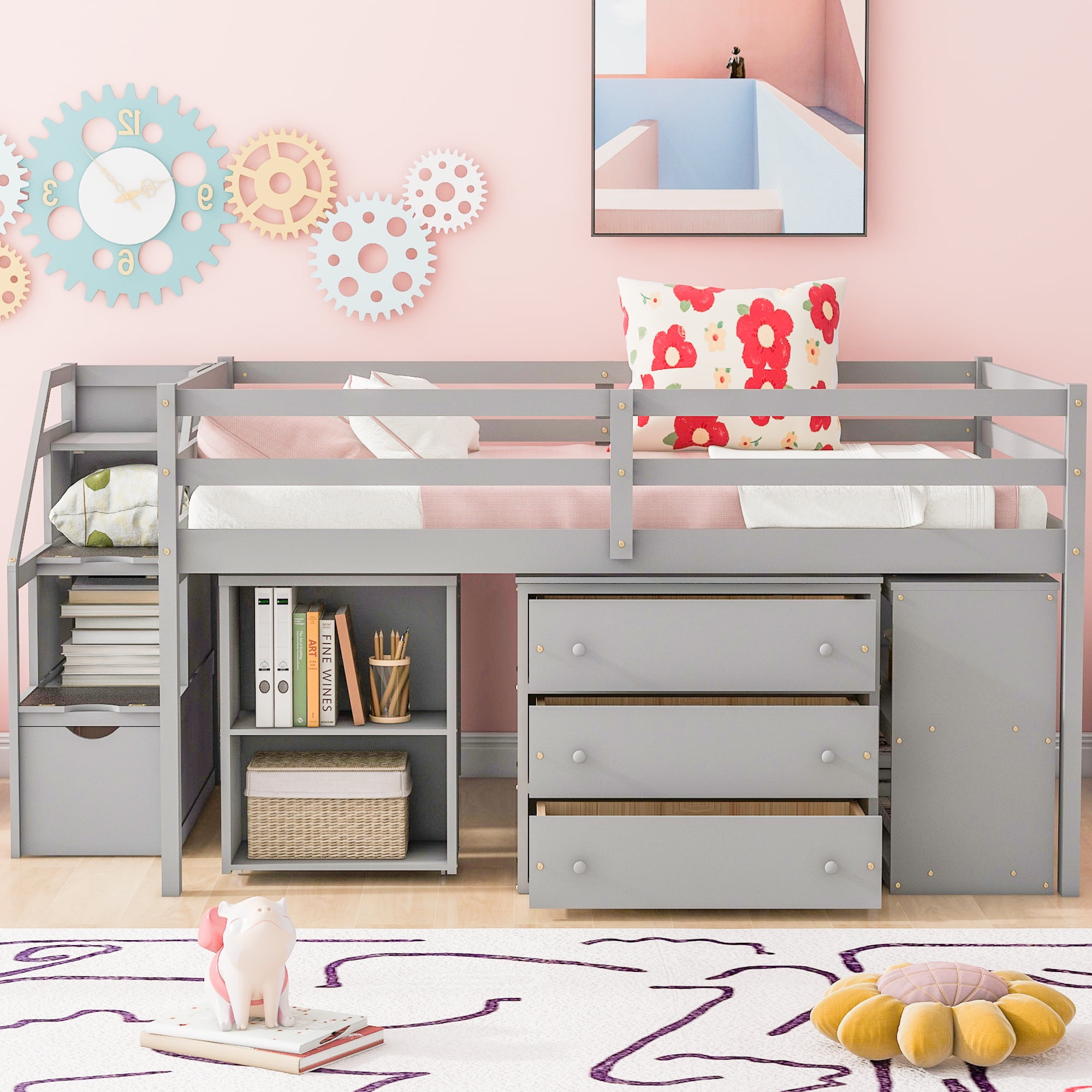 Miekor Furniture Full Size Loft Bed with Retractable Writing Desk and 3 ...