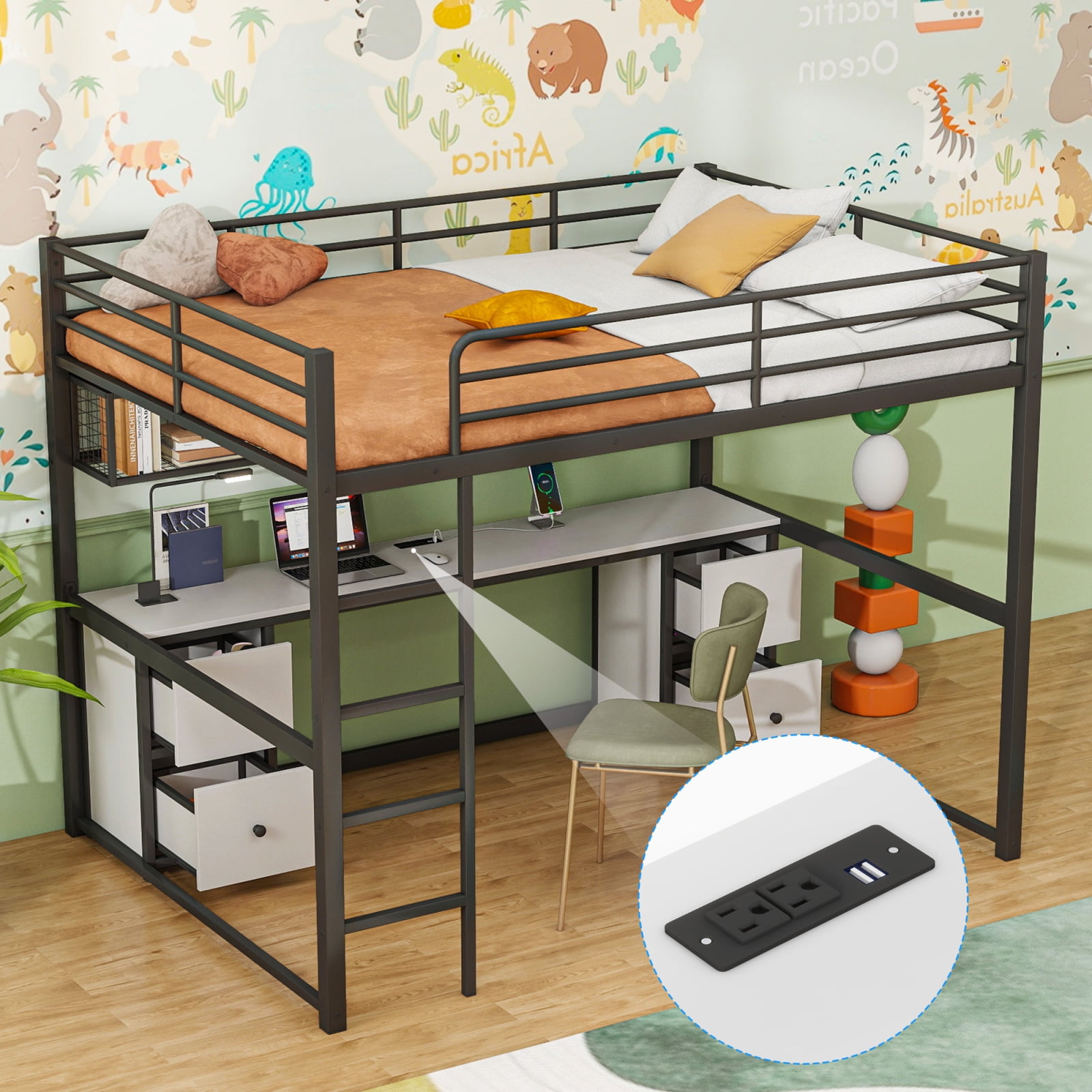 Miekor Furniture Full Size Metal Loft Bed with Desk, Drawers and ...