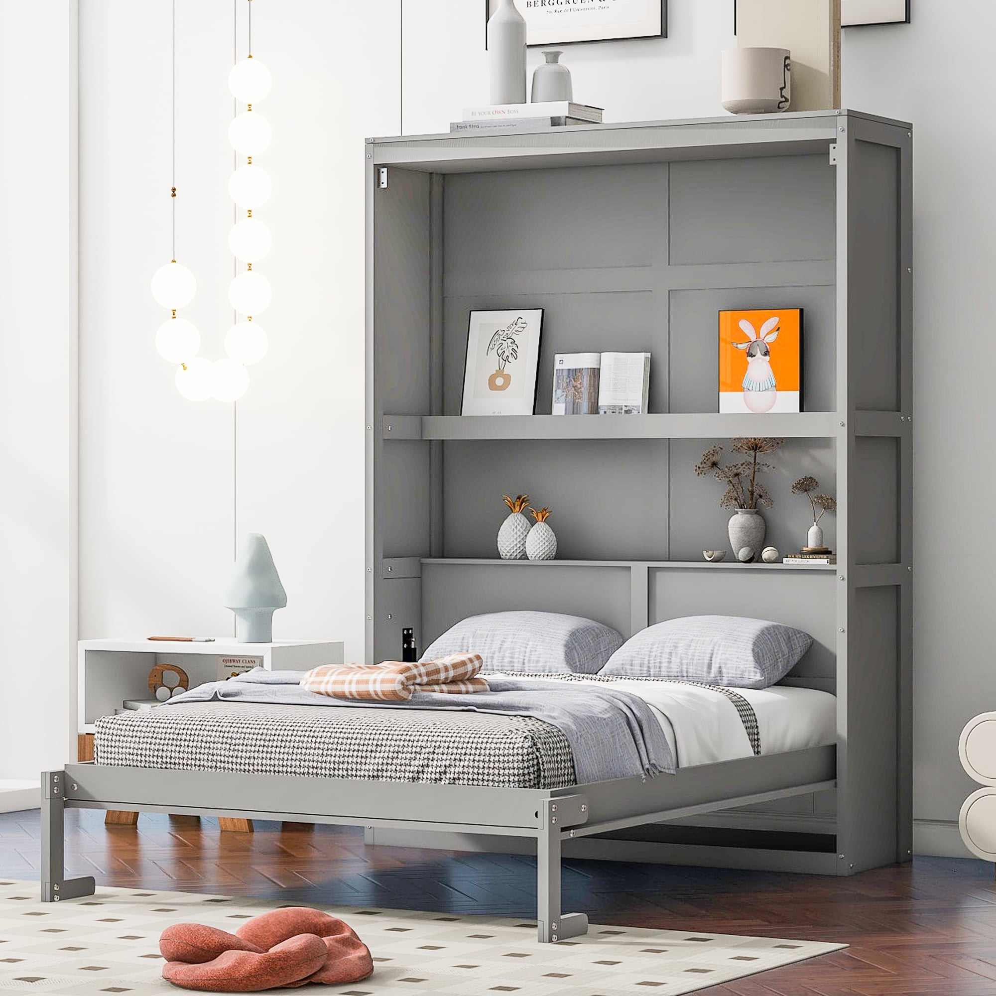 Miekor Furniture Full Size Murphy Bed Wall Bed with Shelves,Gray 92AAE ...