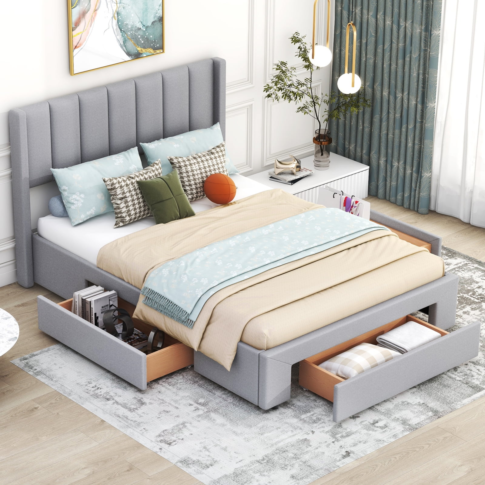 Miekor Furniture Full Size Upholstered Platform Bed with One Large ...