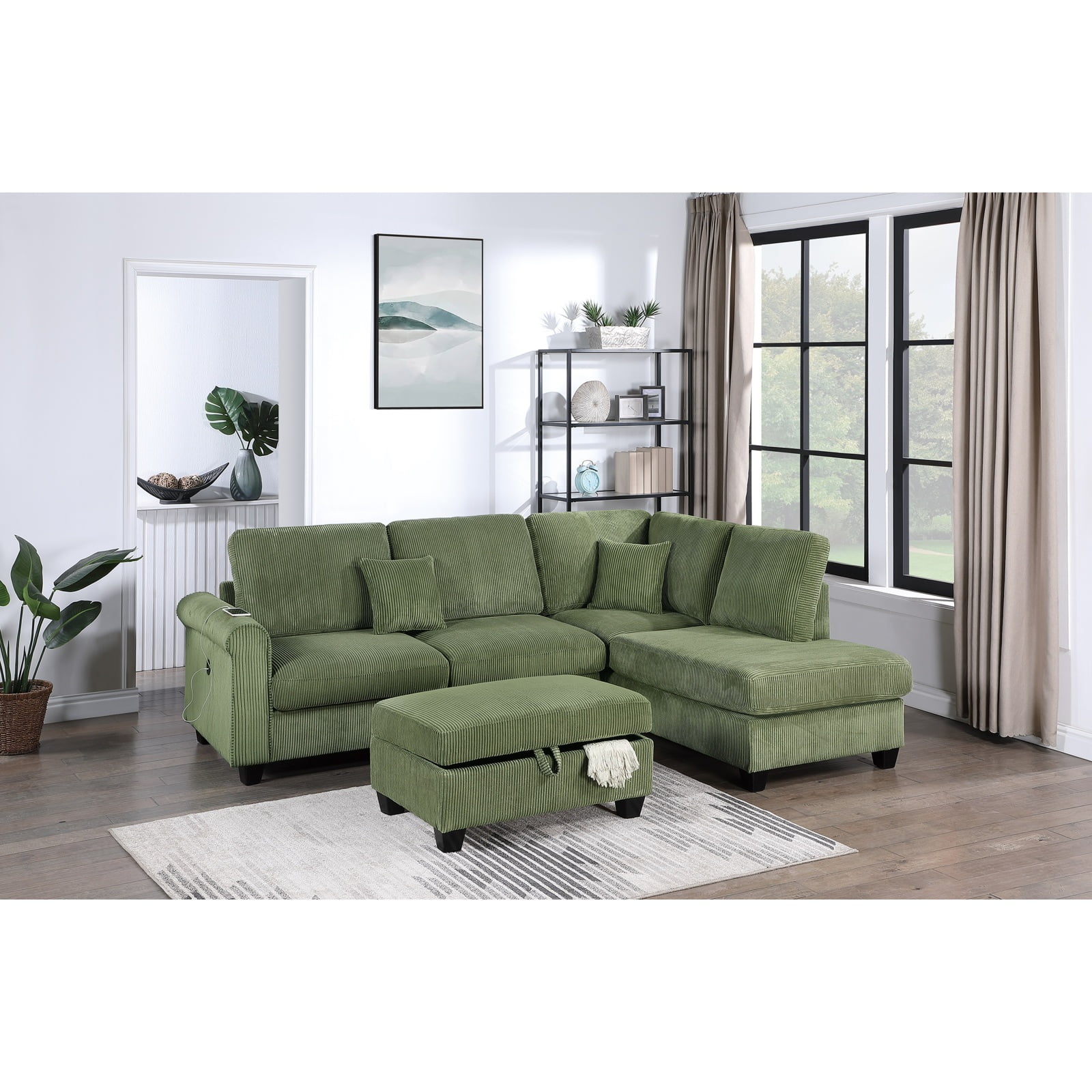 Miekor Furniture Gorgeous Sage Color 3pc Sectional Set Corduroy Upholstered LAF Sofa RAF Chaise ...