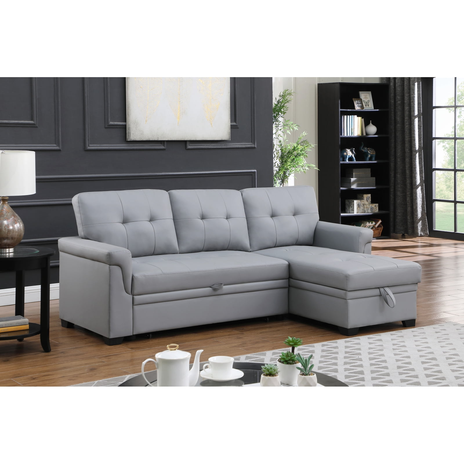 Miekor Furniture Lexi 83.5" Gray Vegan Leather Modern Reversible Sleeper Sectional Sofa with ...