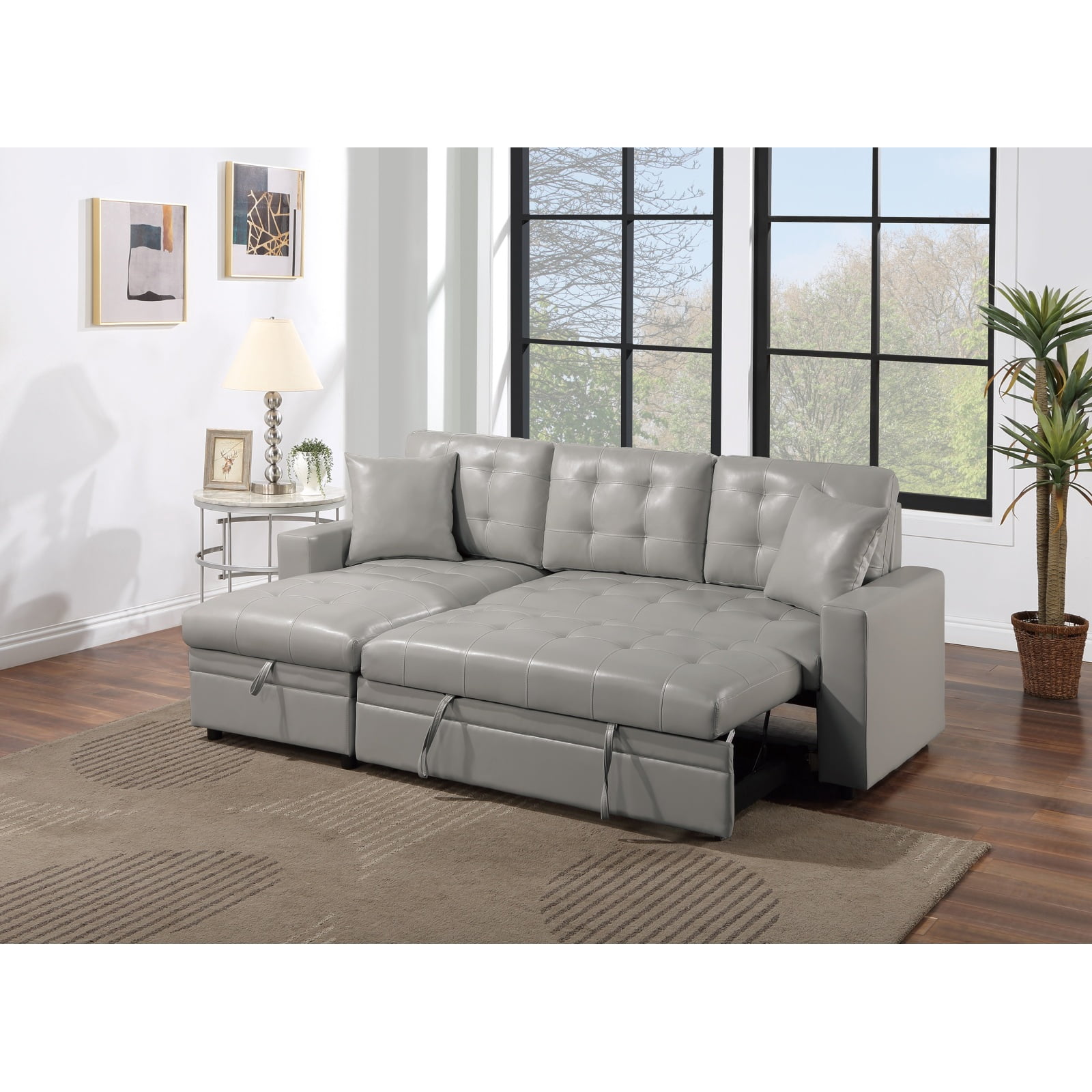 Miekor Furniture Light Gray Faux Leather Convertible Sectional Sofa ...
