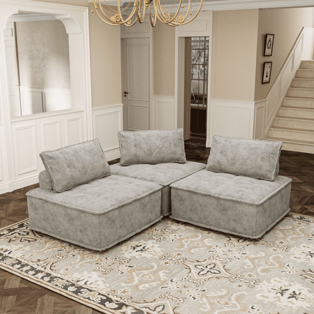 Miekor Furniture Light Grey 3-Piece Modular Sofa - Oversized Sectional ...