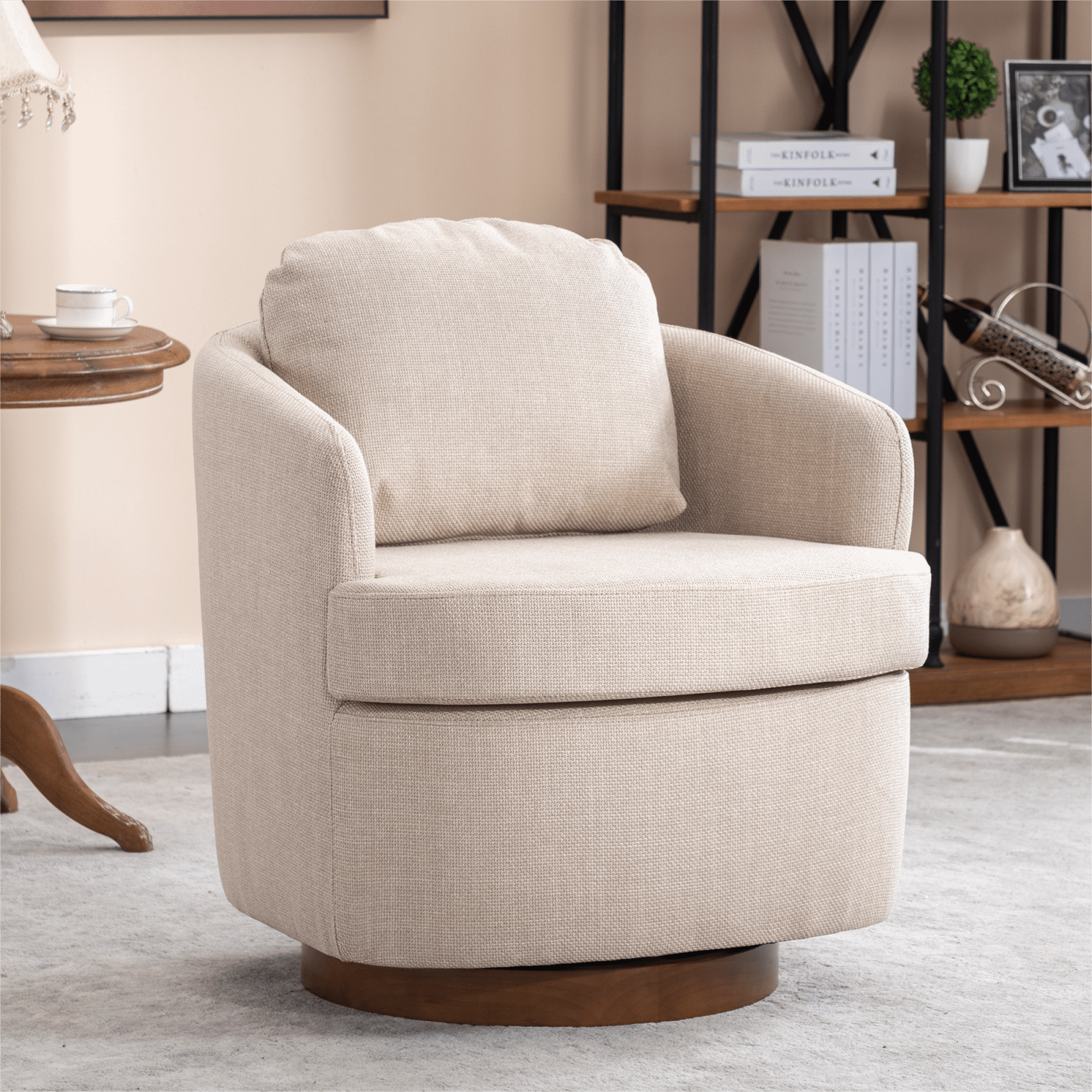 Miekor Furniture Linen Fabric Swivel Accent Chair With Soild Wood Round ...
