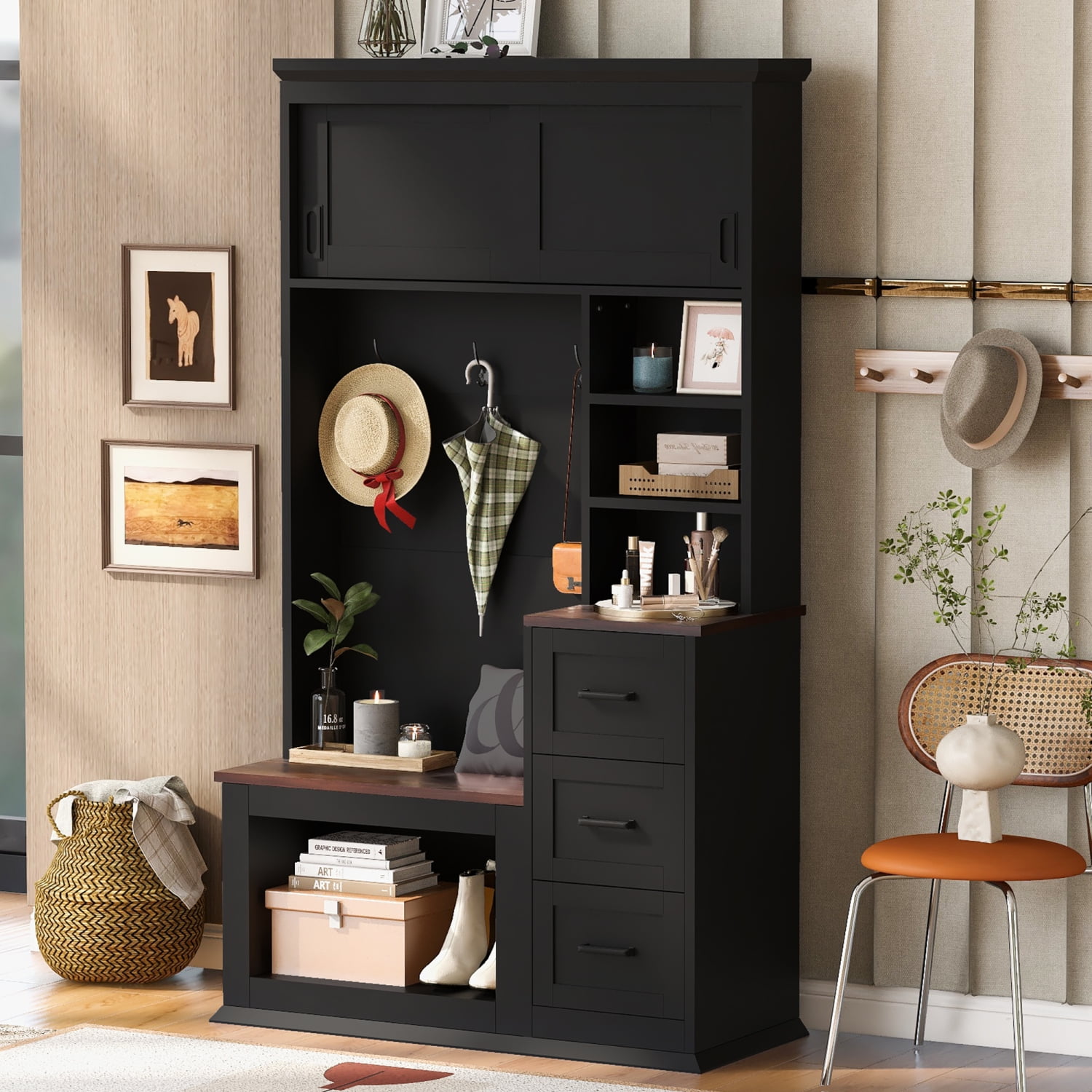 Miekor Furniture Modern Entryway Bench with Coat Rack, 3 Shelves and ...