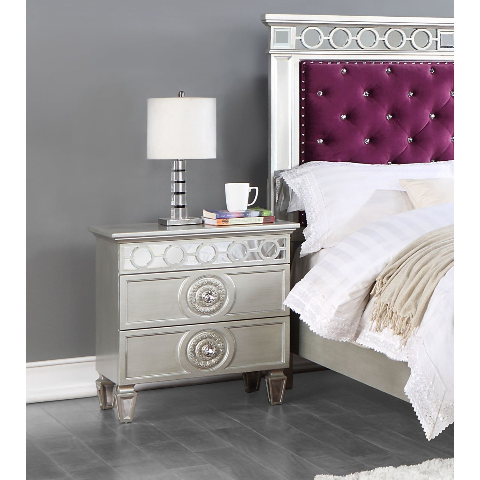 Miekor Furniture Modern Glam Nightstand with 2x Drawers Pattern Front ...