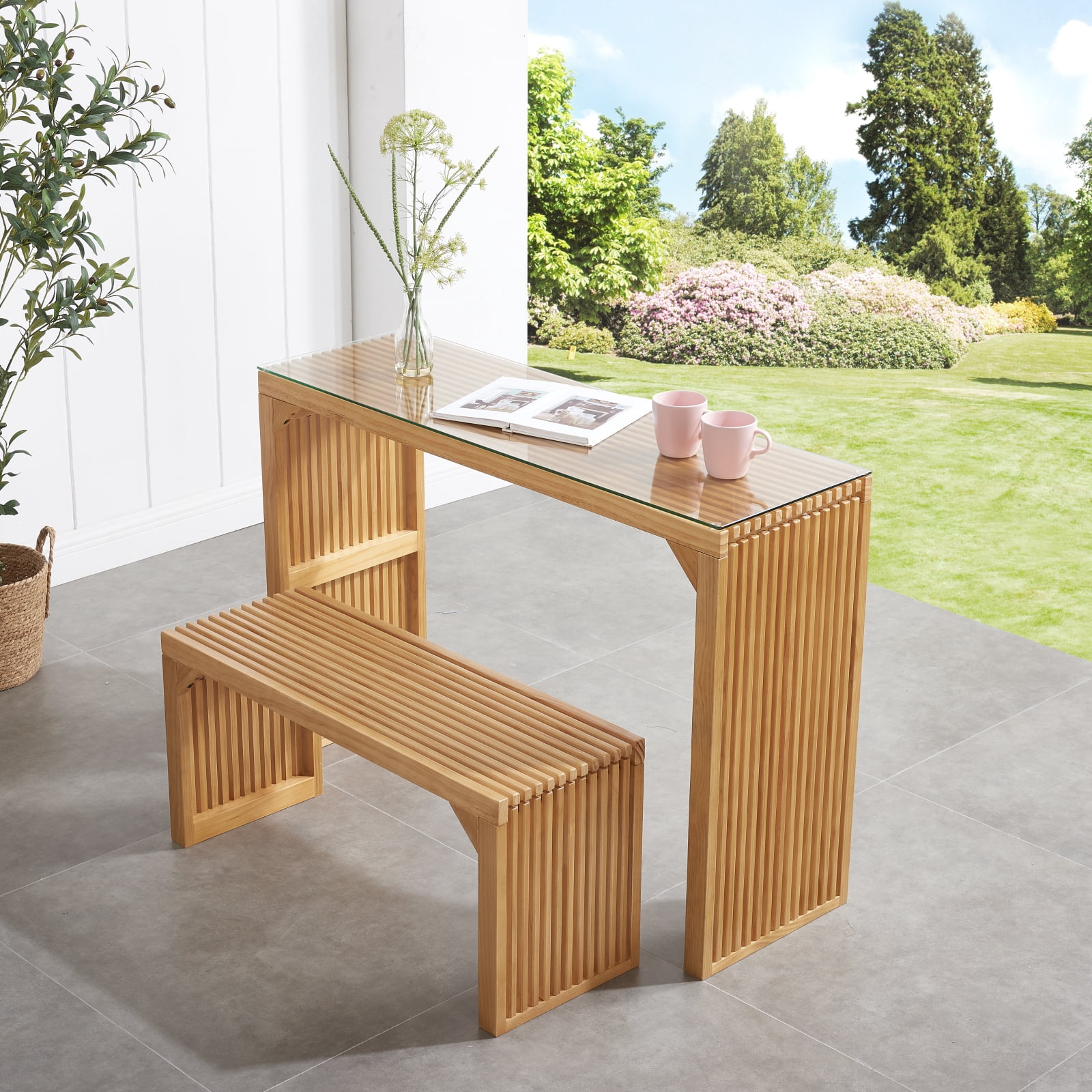 Miekor Furniture Natural Pine Dining Long Bench and Table Set ...