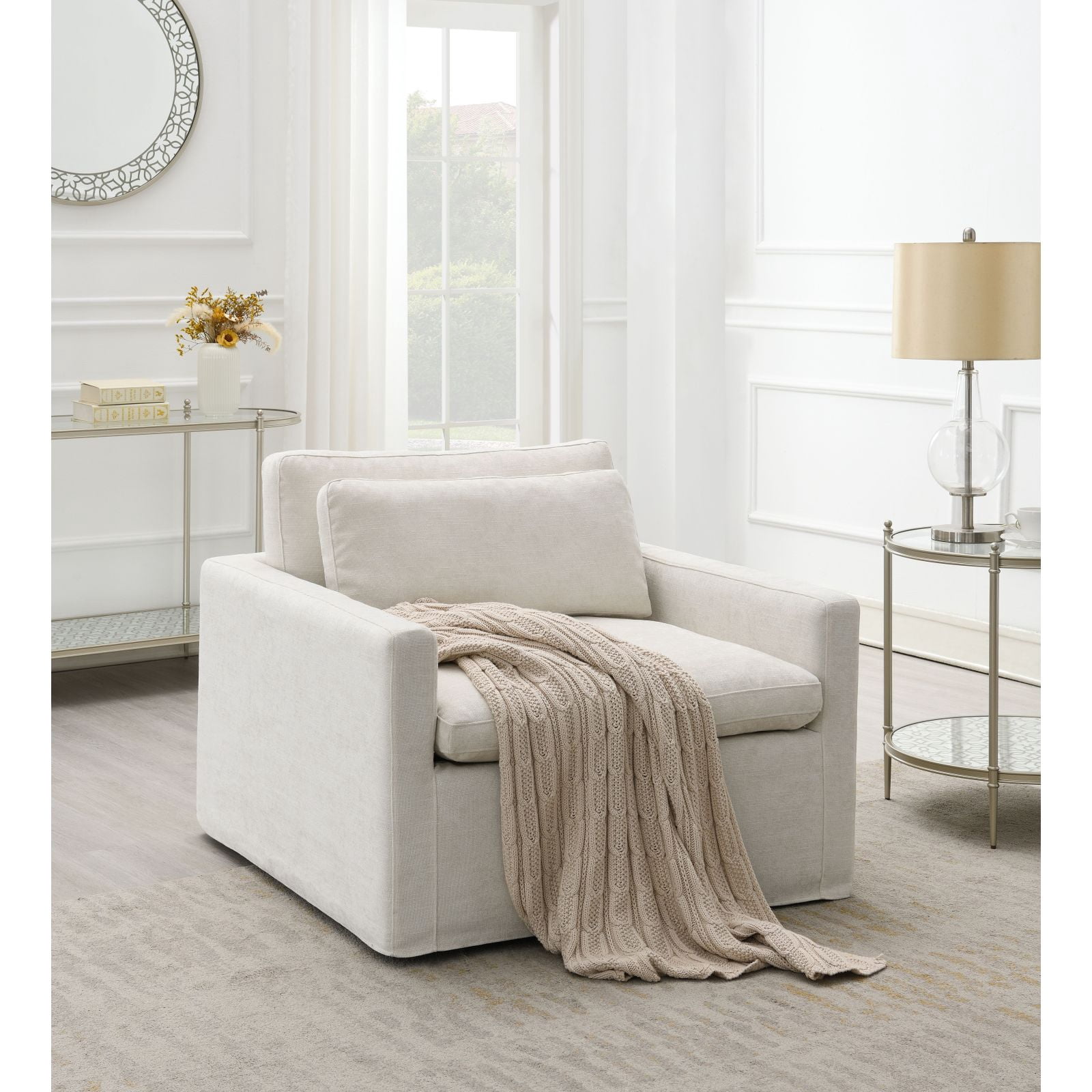 Miekor Furniture Naveen Ivory Fabric Swivel Chair with 1 Toss Pillow ...
