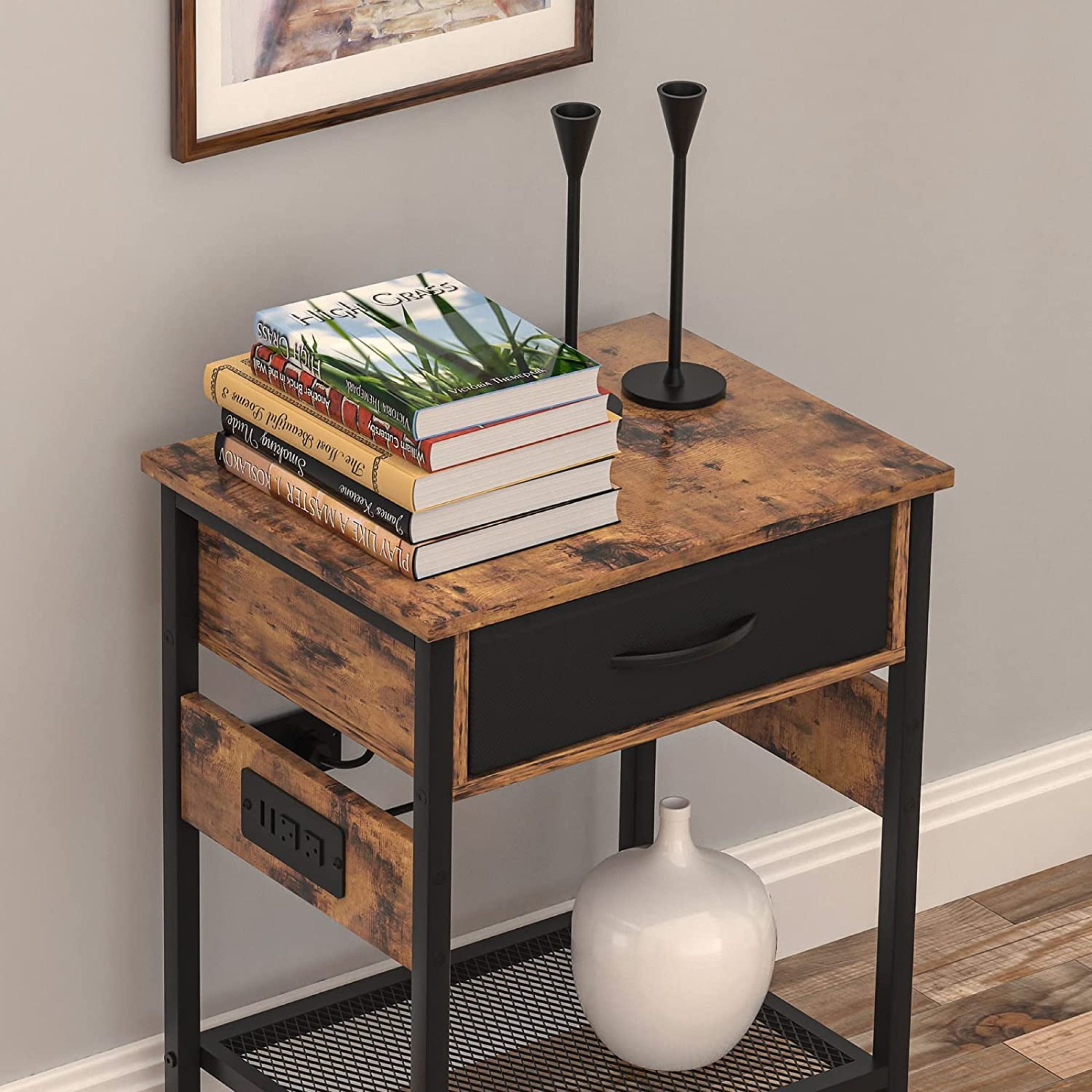 Miekor Furniture Nightstand with Drawer, Open Shelf and Socket, Brown ...