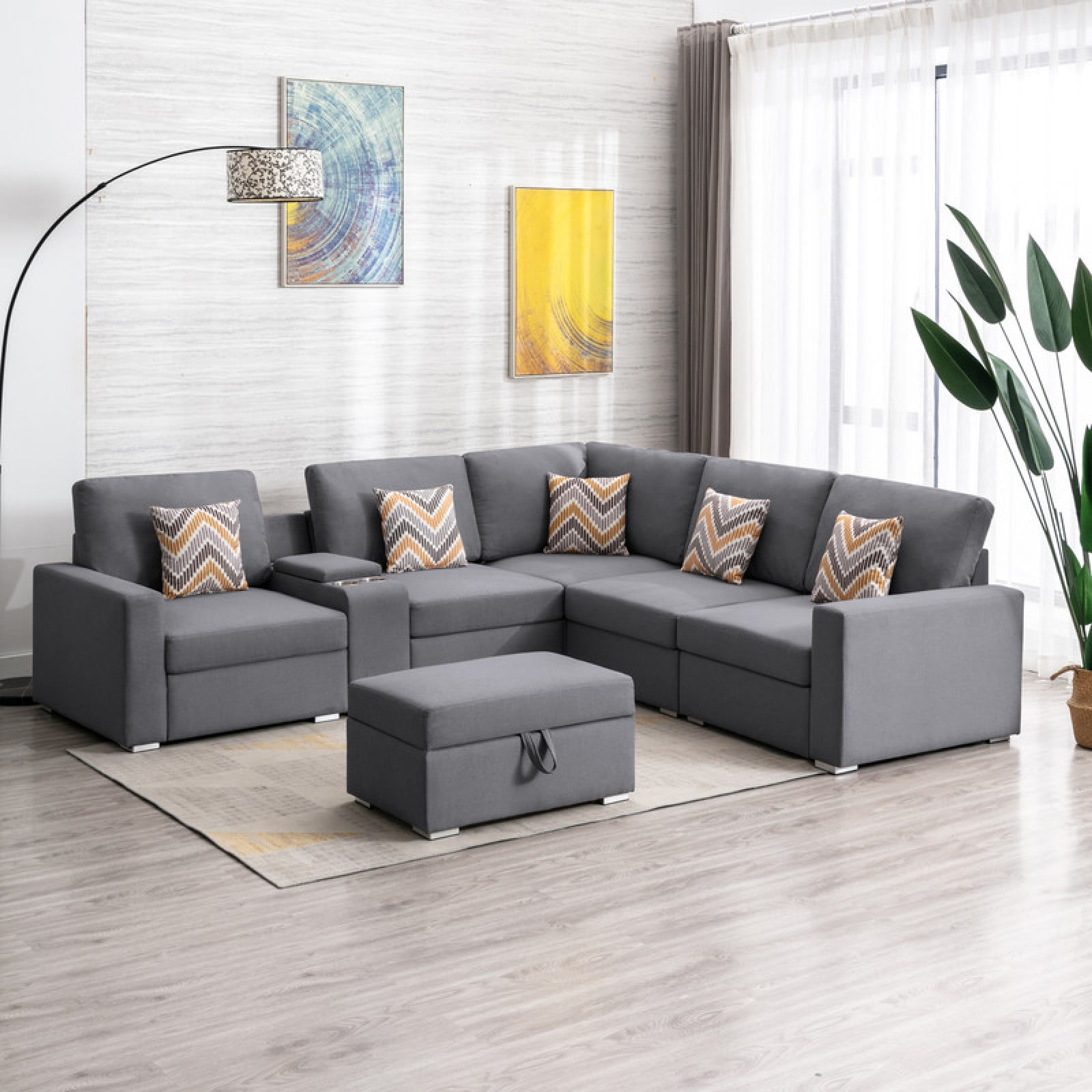Miekor Furniture Nolan 106" Gray Linen Fabric 7Pc Reversible Sectional ...