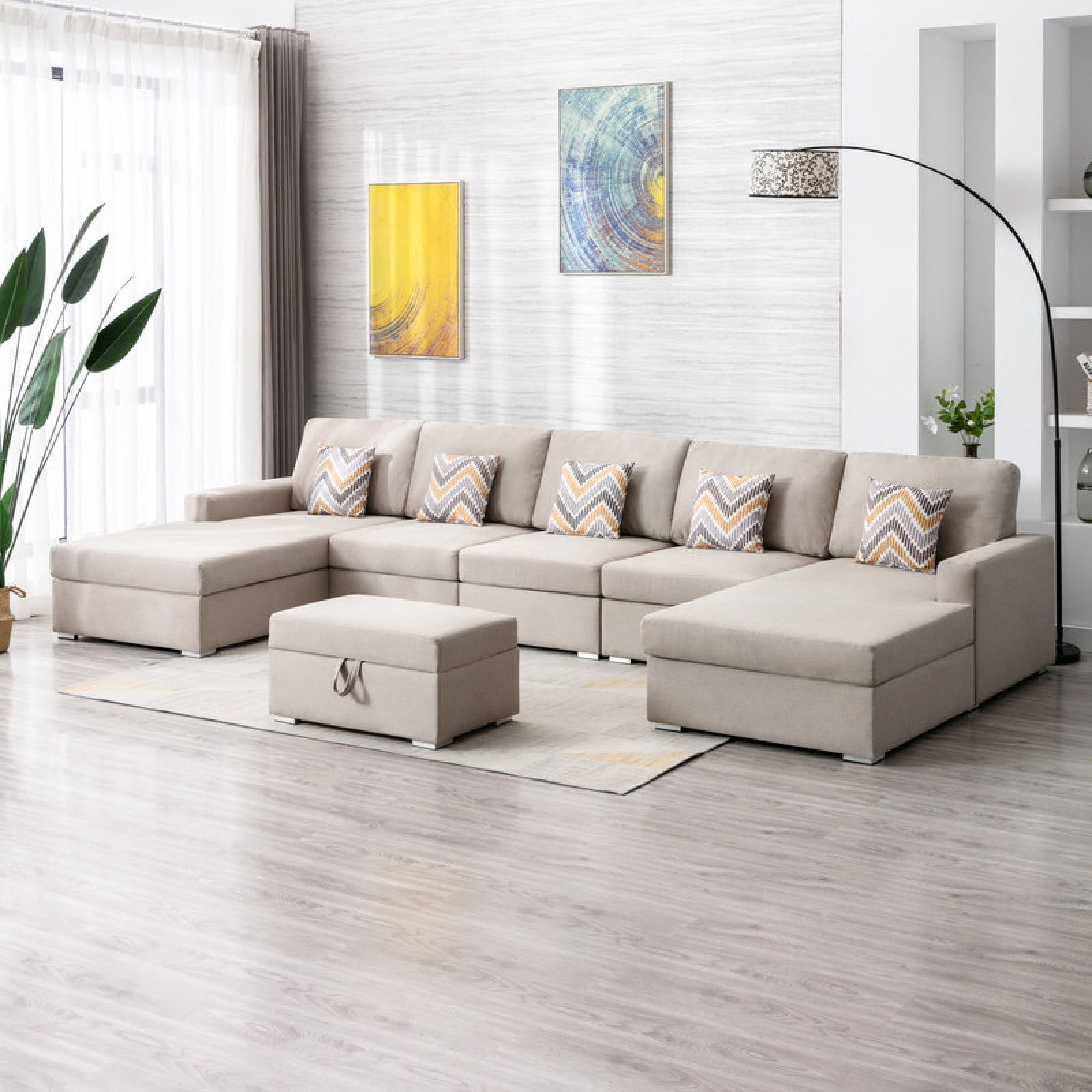 Miekor Furniture Nolan 152" Beige Linen Fabric 6Pc Double Chaise ...
