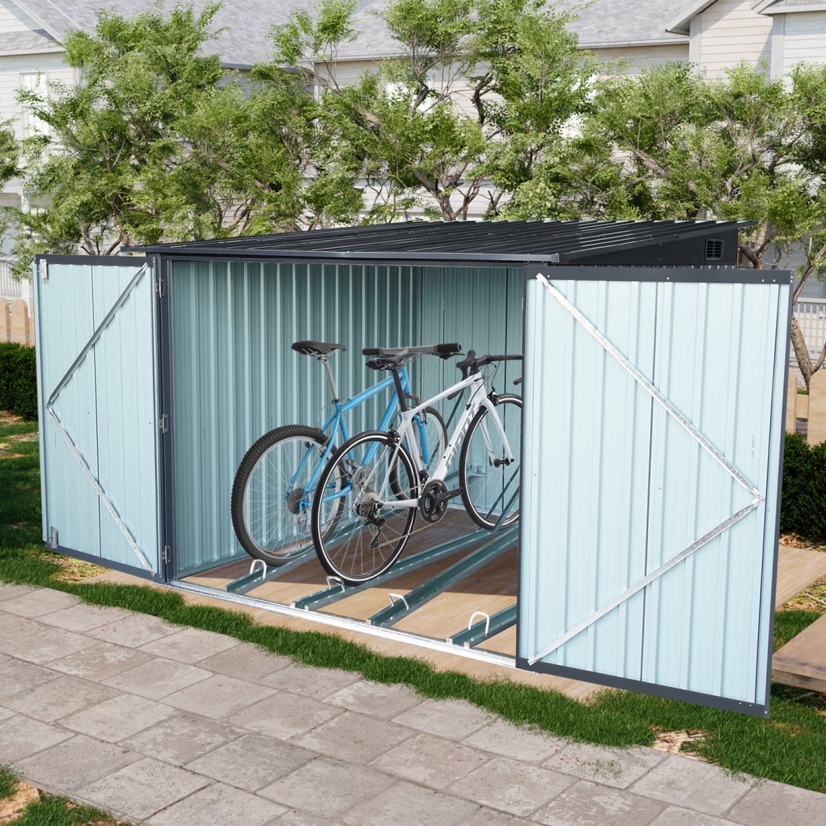 Miekor Furniture Outdoor Steel Storage Shed For Bicycle with Slope Roof ...