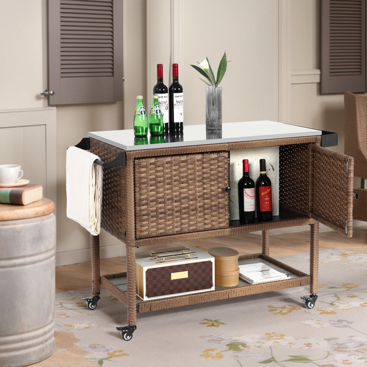 Miekor Furniture Outdoor Wicker Bar Cart, Patio Wine Serving Cart w ...
