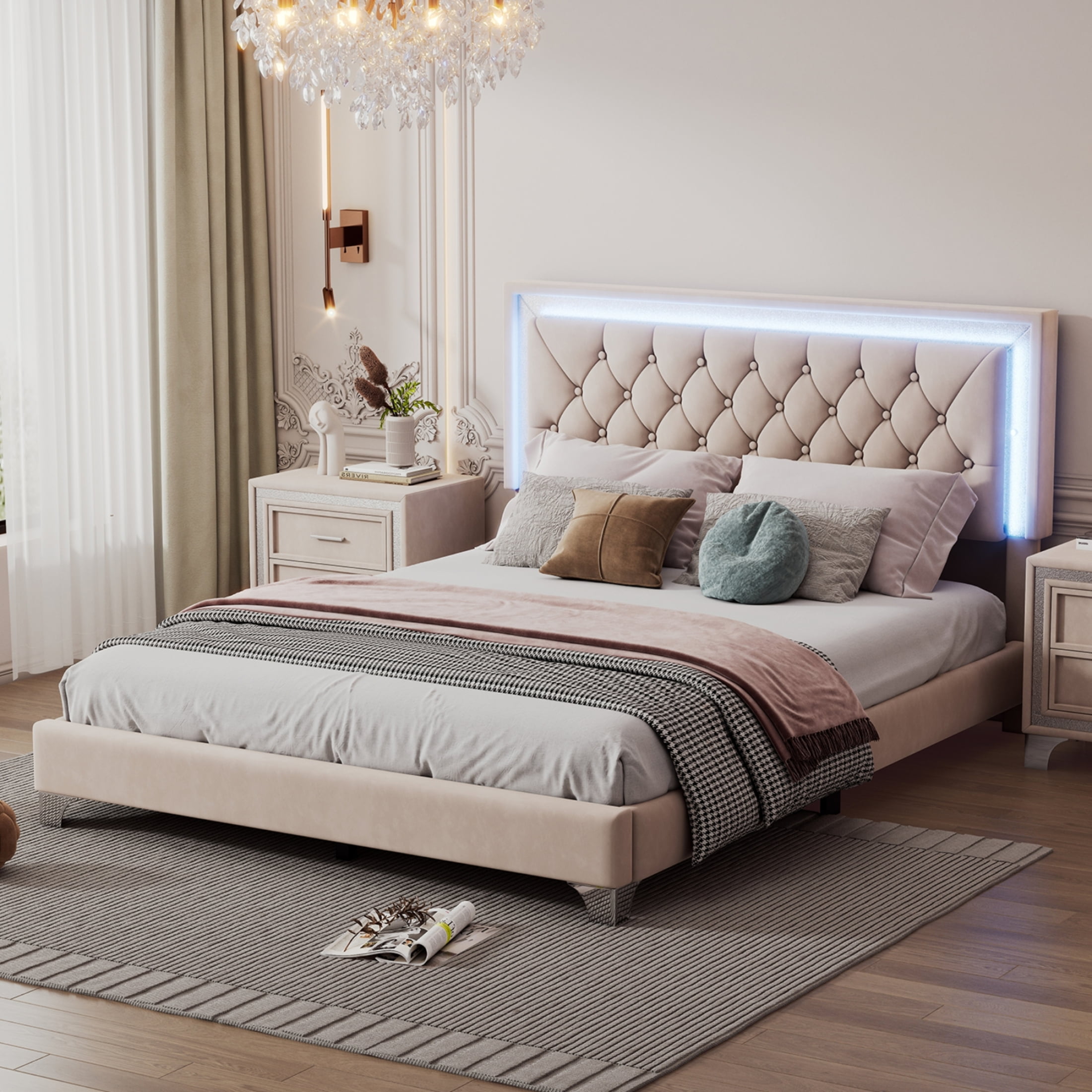 Miekor Furniture Queen Size Upholstered Bed Frame with LED Lights,Modern Velvet Platform Bed ...