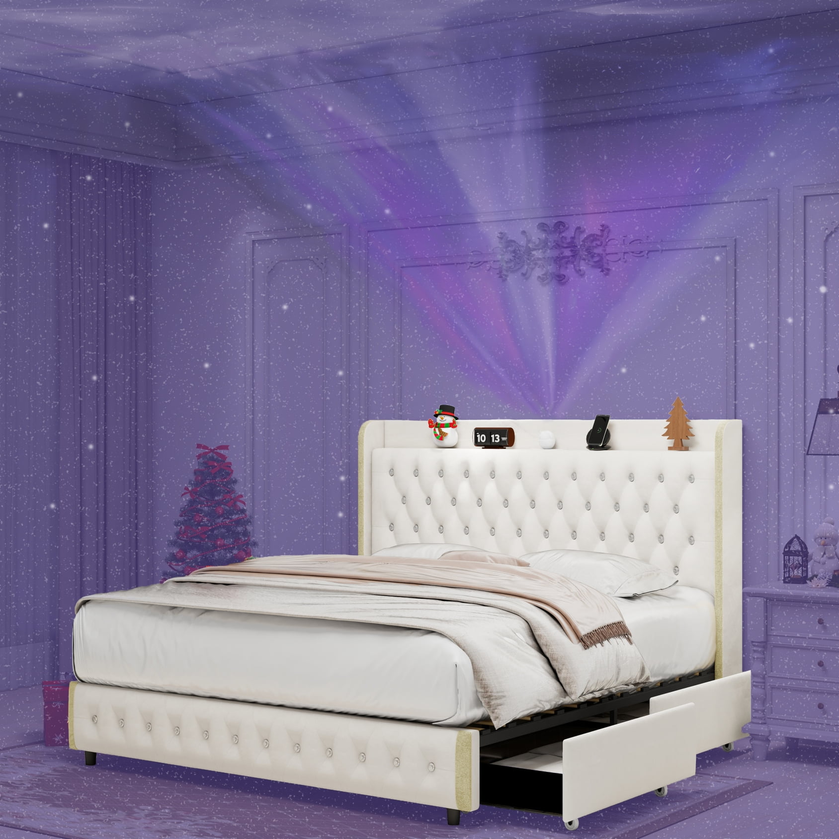Miekor Furniture Queen size bed frame with 4 drawers, Star Projector ...