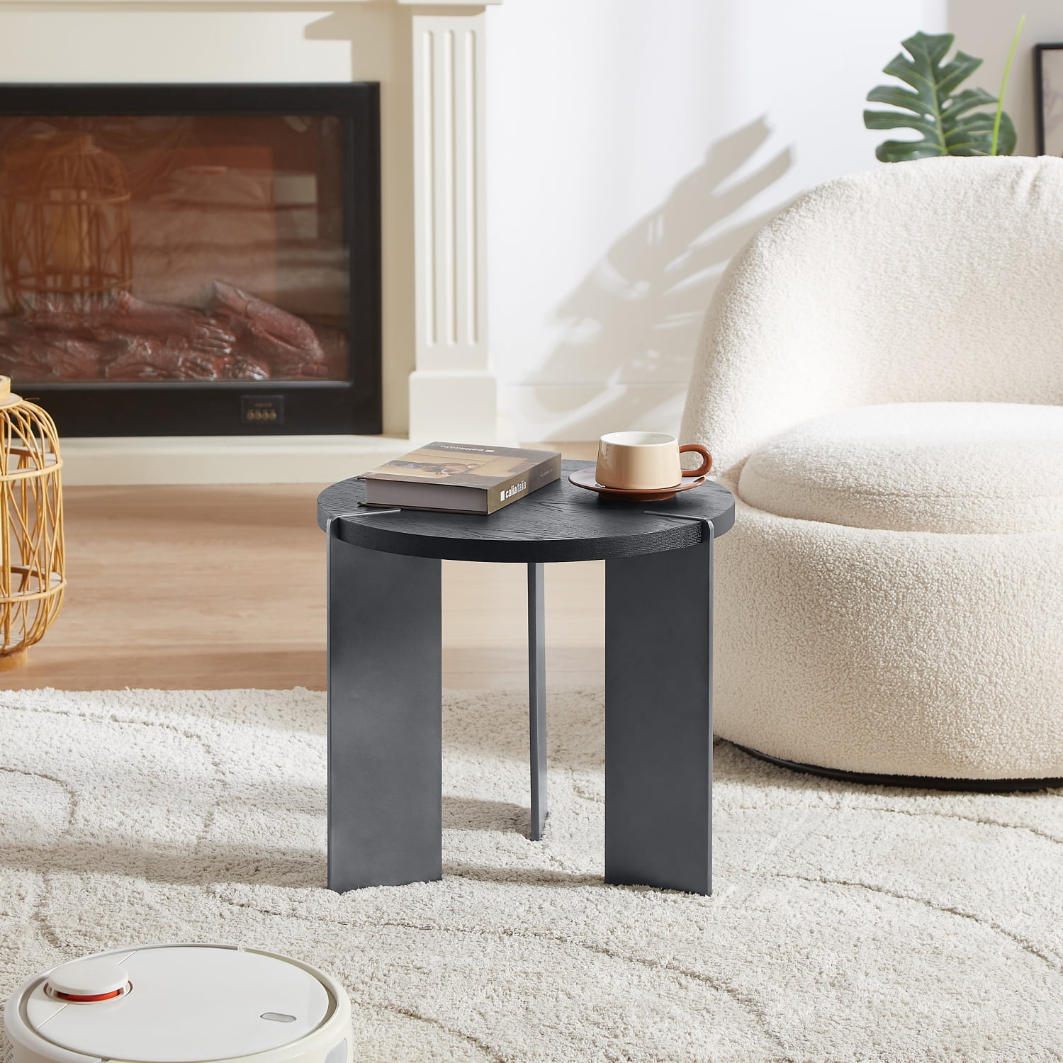 Miekor Furniture Round Coffee Table Black Oak Wood Surface and Black ...