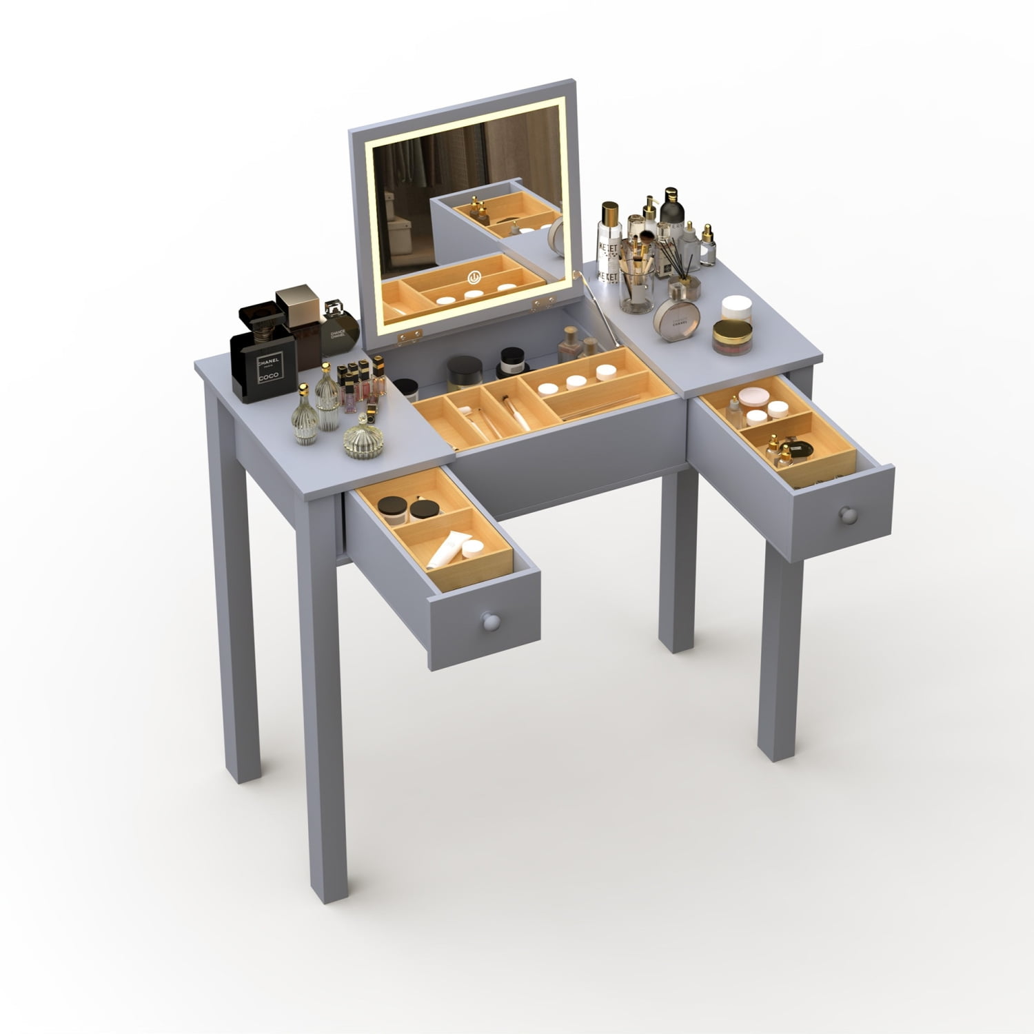 Miekor Furniture Sleek Grey Vanity Table with LED Lights, Flip-Top ...