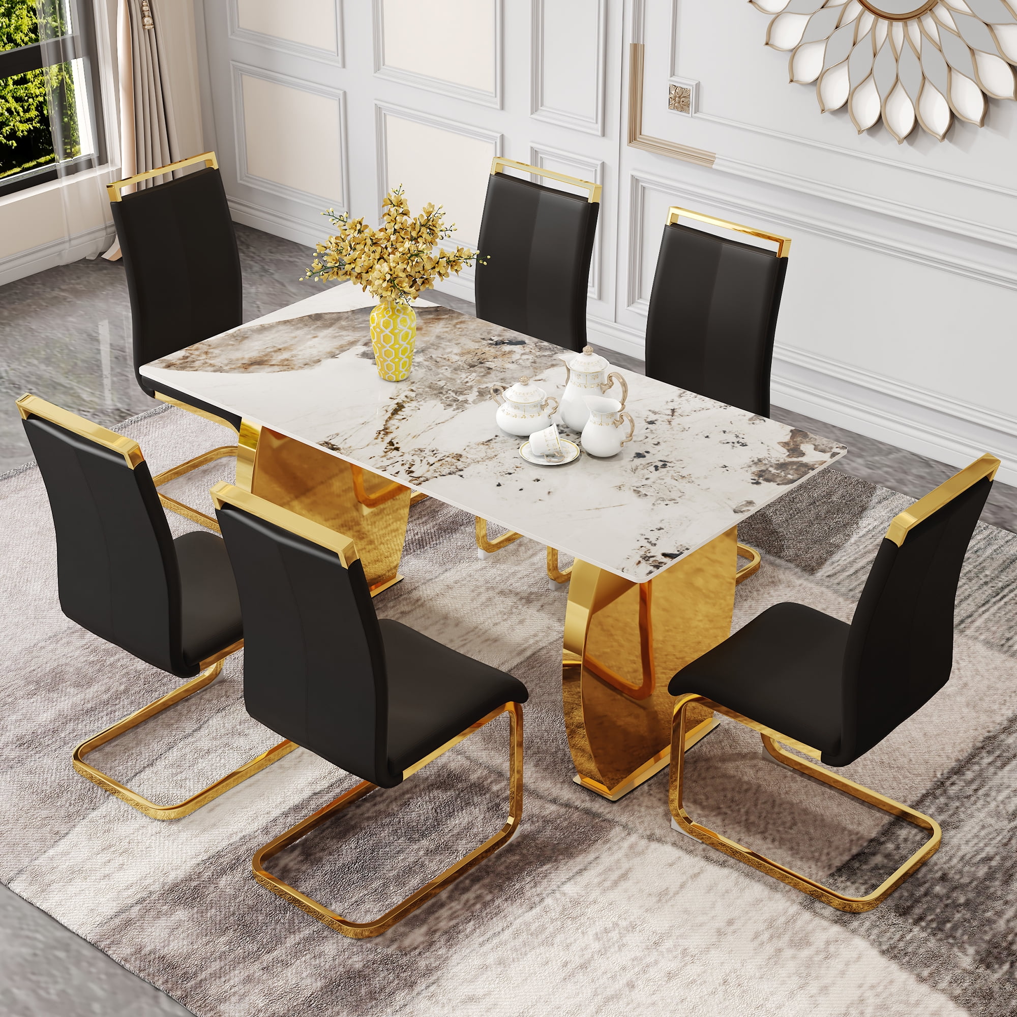 Miekor Furniture Table And Chair Set, Rock Plate Table Top, Gold Metal ...