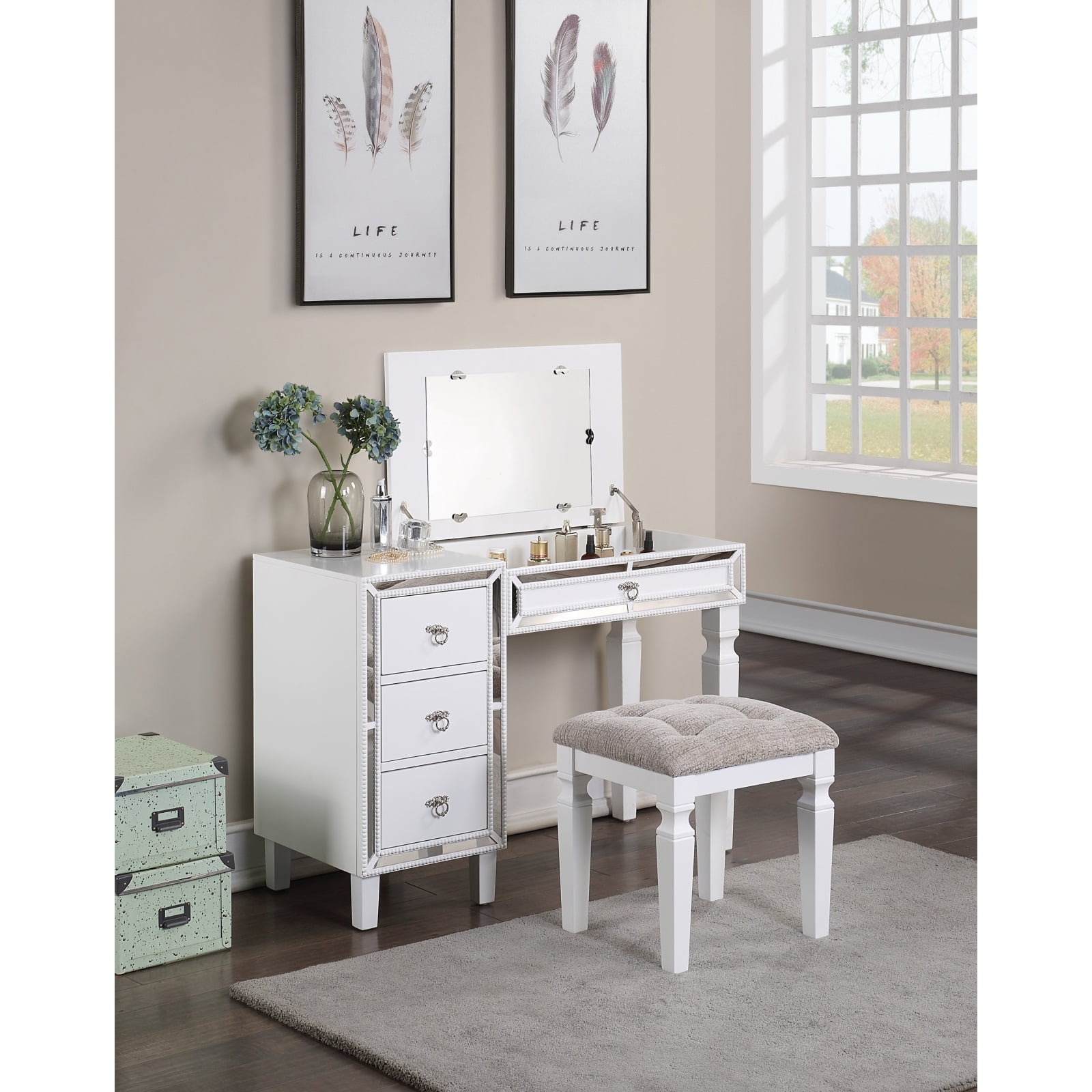 Miekor Furniture Traditional Formal White Color Vanity Set w Stool ...