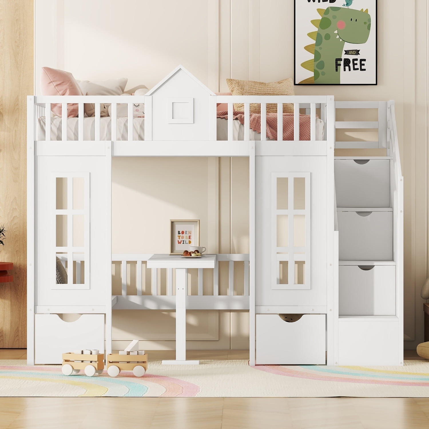 Miekor Furniture Twin-Over-Twin Bunk Bed with Changeable Table, Bunk ...
