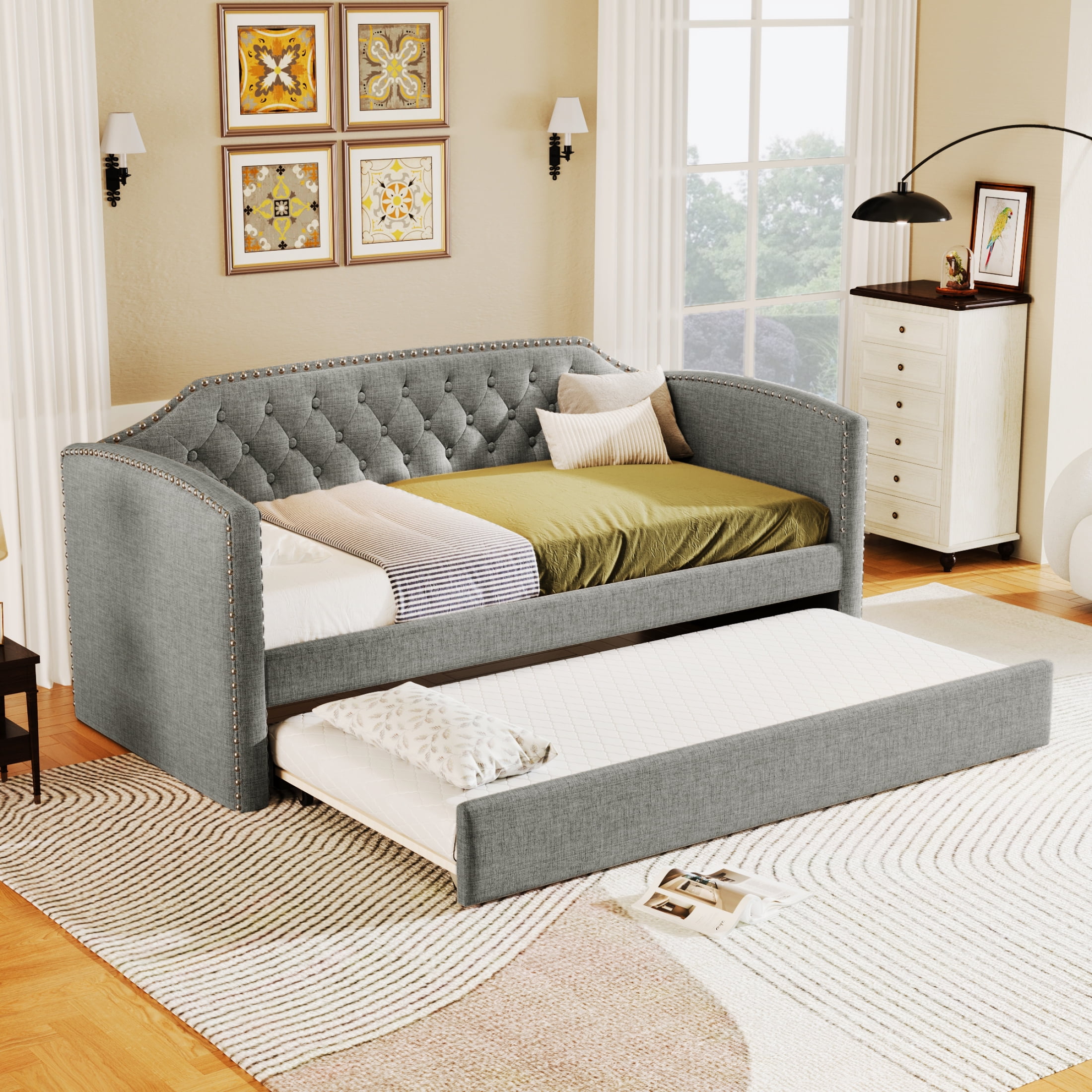 Miekor Furniture Twin Size Upholstered Daybed with Trundle for Guest ...