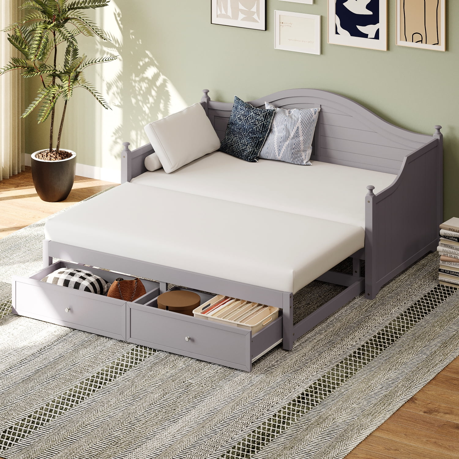 Miekor Furniture Twin Size Wood Daybed with Extended Pop Up Trundle and ...
