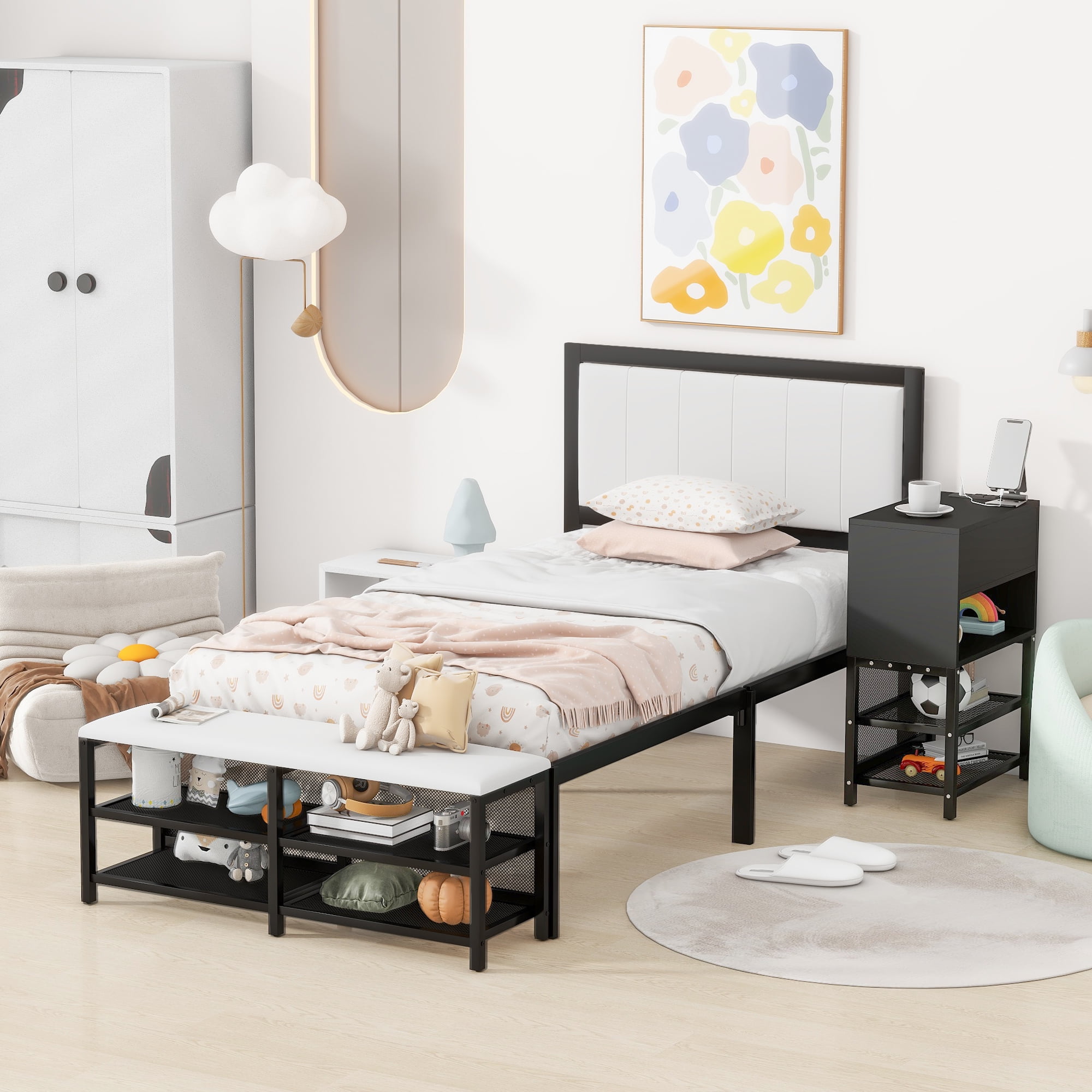 Miekor Furniture Twin size Metal Platform Bed with Two-Tier Storage ...