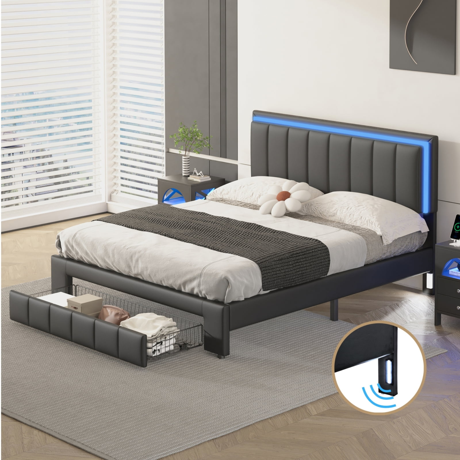 Miekor Furniture Upholstered Platform Bed with LED Lights and Two ...