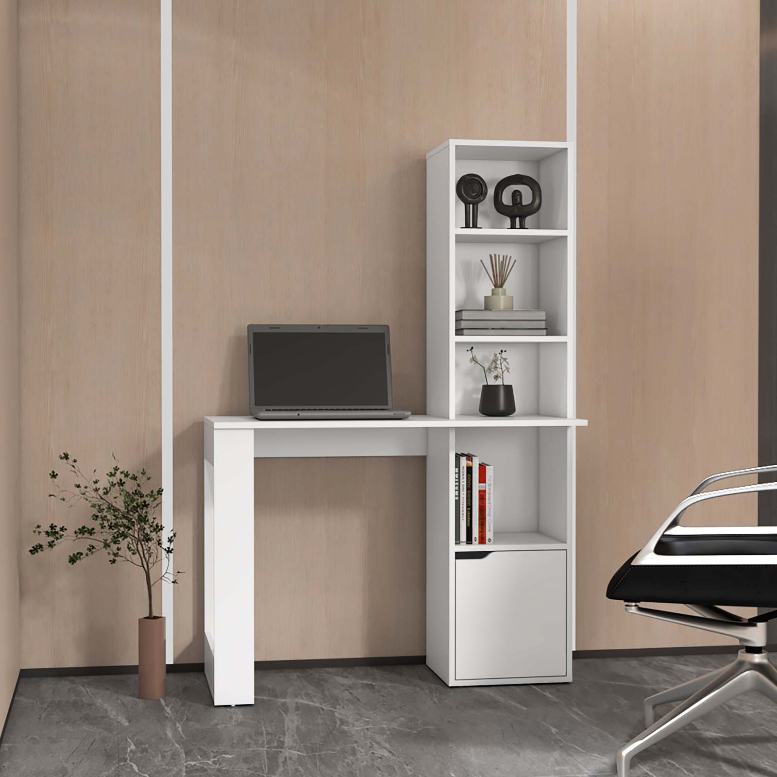 Miekor Furniture White Computer Desk with 4-Tier Bookcase and 1-Door ...