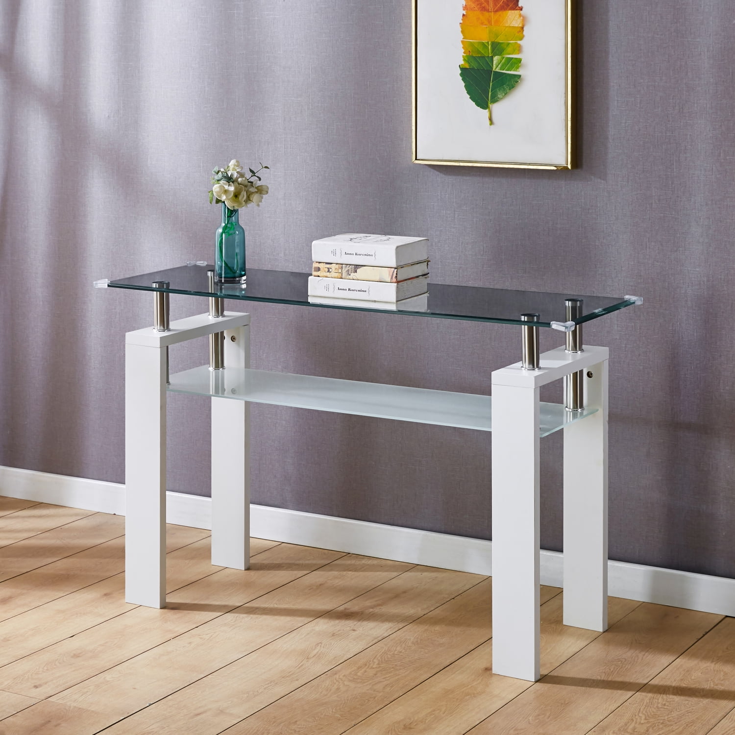 Miekor Furniture White MDF Console Table, Tempered Glass Top, Modern ...