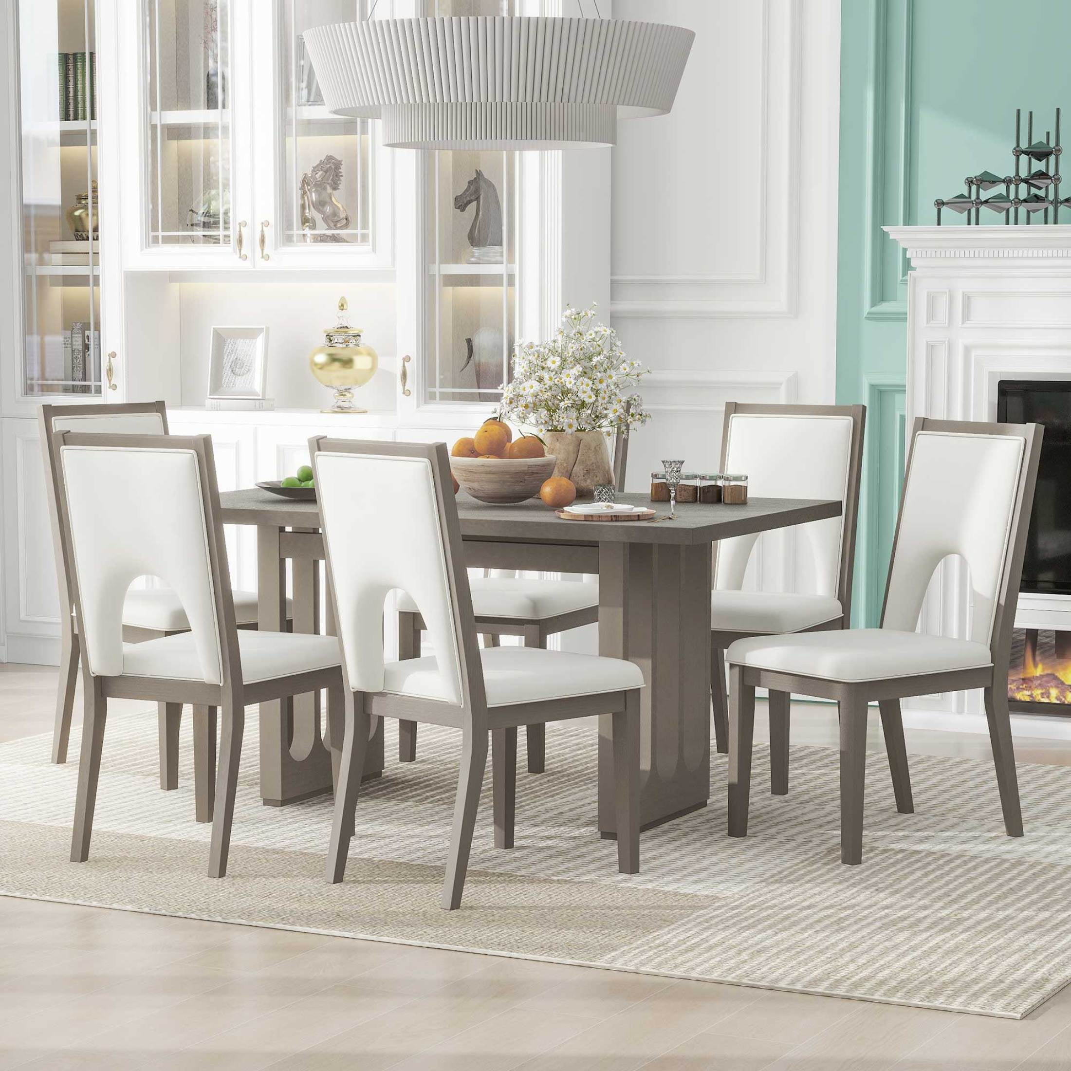Miekor 6 Piece MDF, Ash Wood Veneer Dining Table Set, Grey/Beige ...