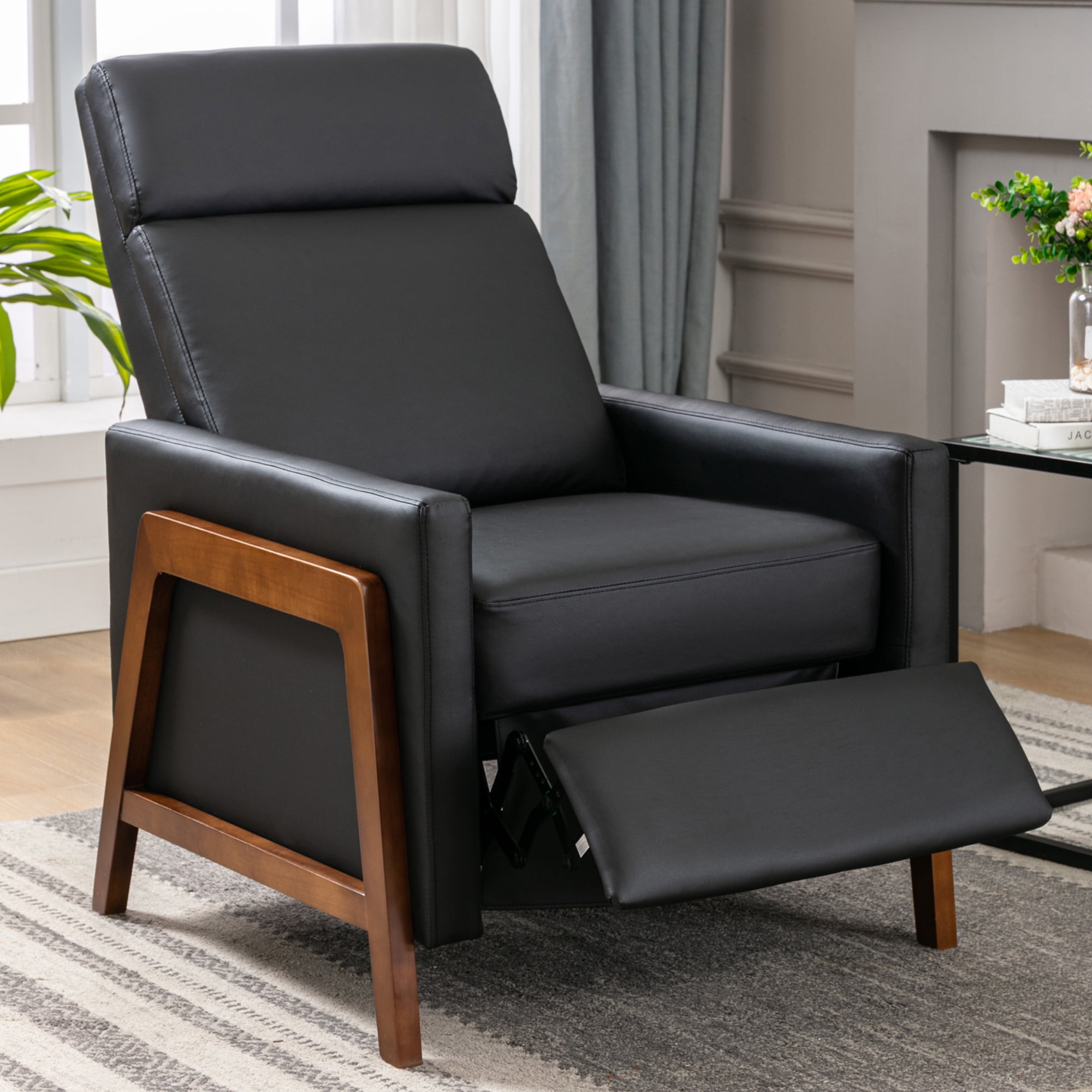 Miekor Furniture Wood-Framed PU Leather Recliner Chair Adjustable Home ...