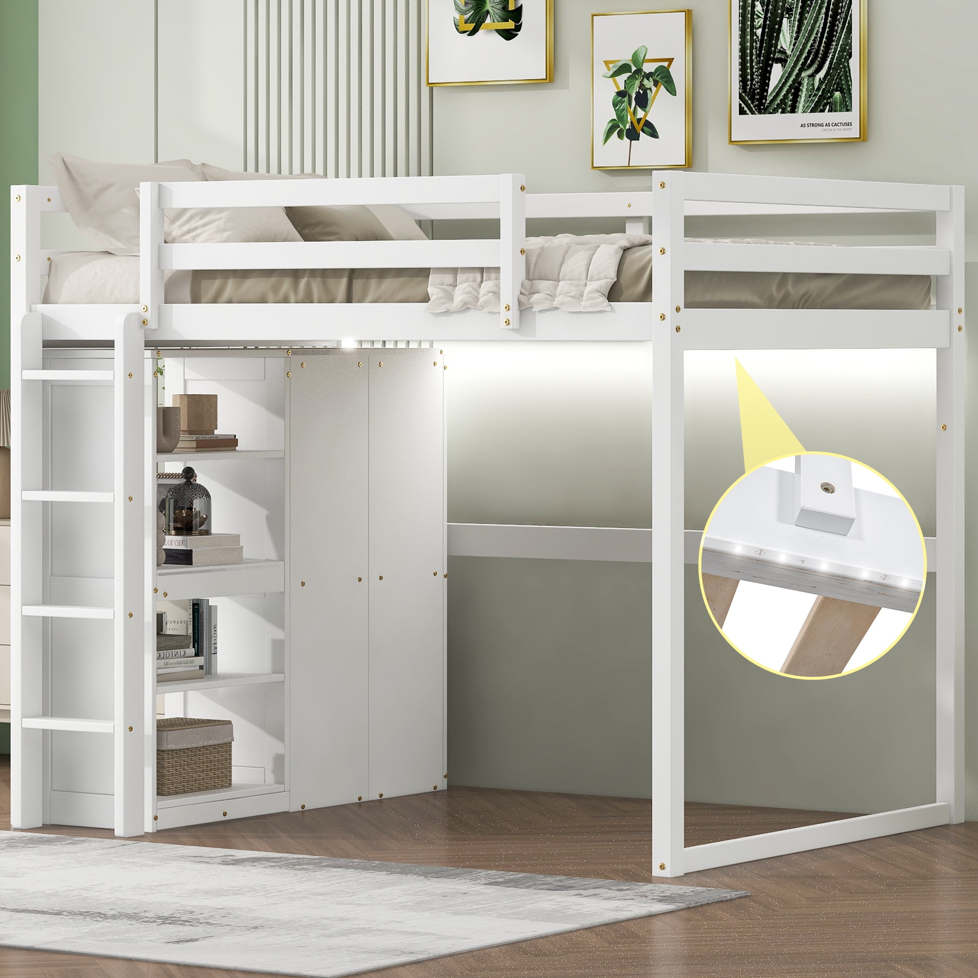 Miekor Furniture Wood Full Size Loft Bed With Built-In Wardrobe And ...
