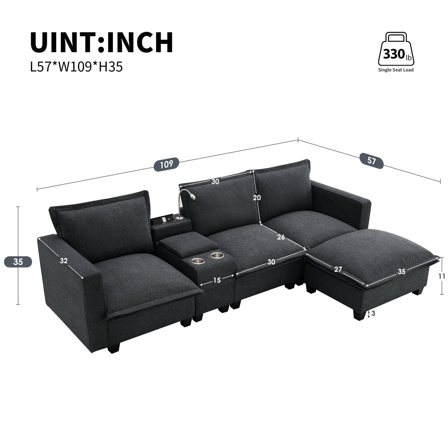 Miekor Modern Sectional Cloud Sofa with Console,USB Charging Port ...
