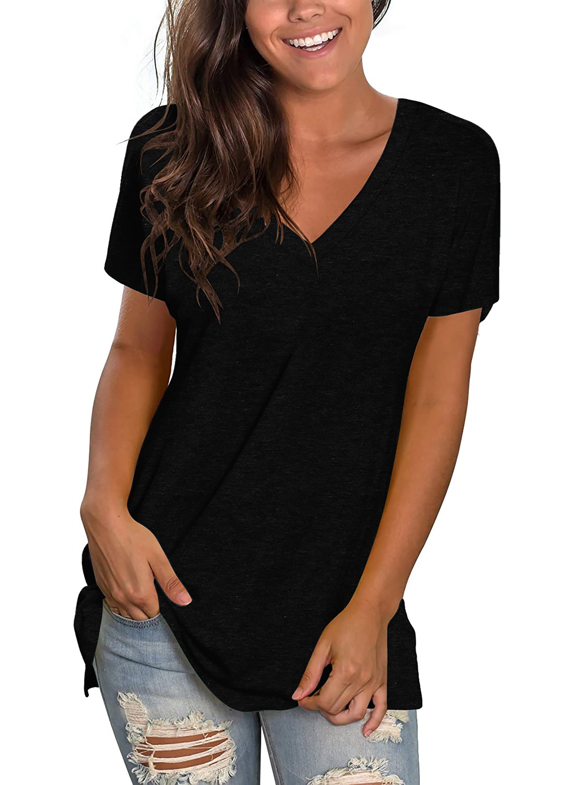 Mifater Women's V-Neck Summer Top, Loose Short Sleeve Tunic Blouse ...