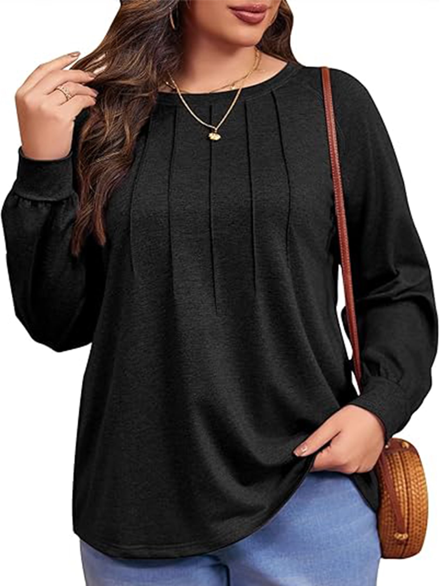 MIFATER Women Plus Size Tops Fall Long Sleeve T Shirts Fashion Pleated ...