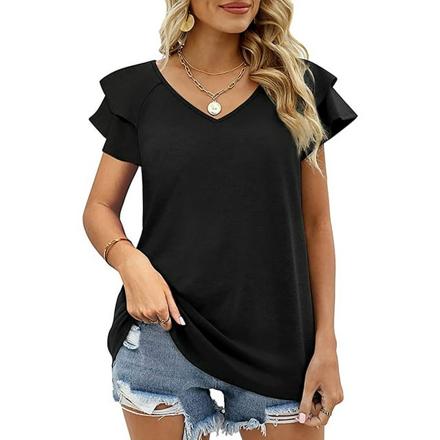 Mifater Womens Summer Chic T Shirts Ruffle Short Sleeve Tops V Neck